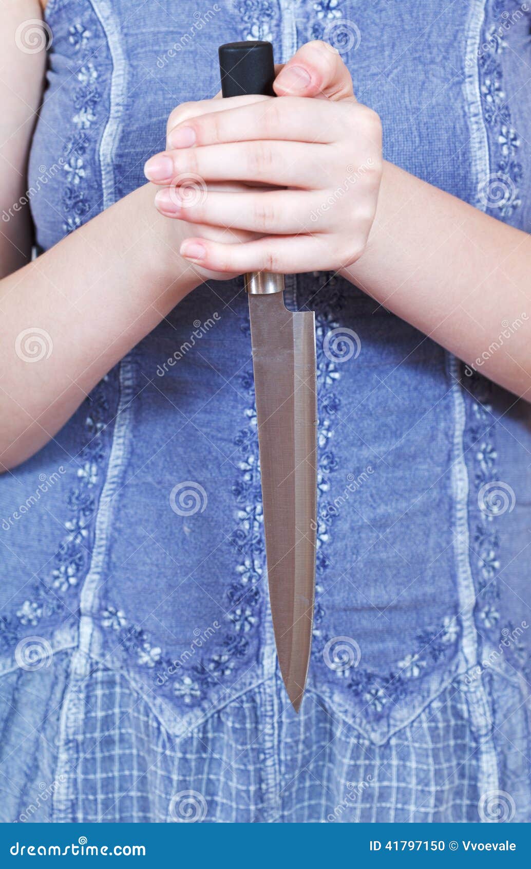 Woman Holding Kitchen Knife by Two Hands Stock Photo - Image of knife ...