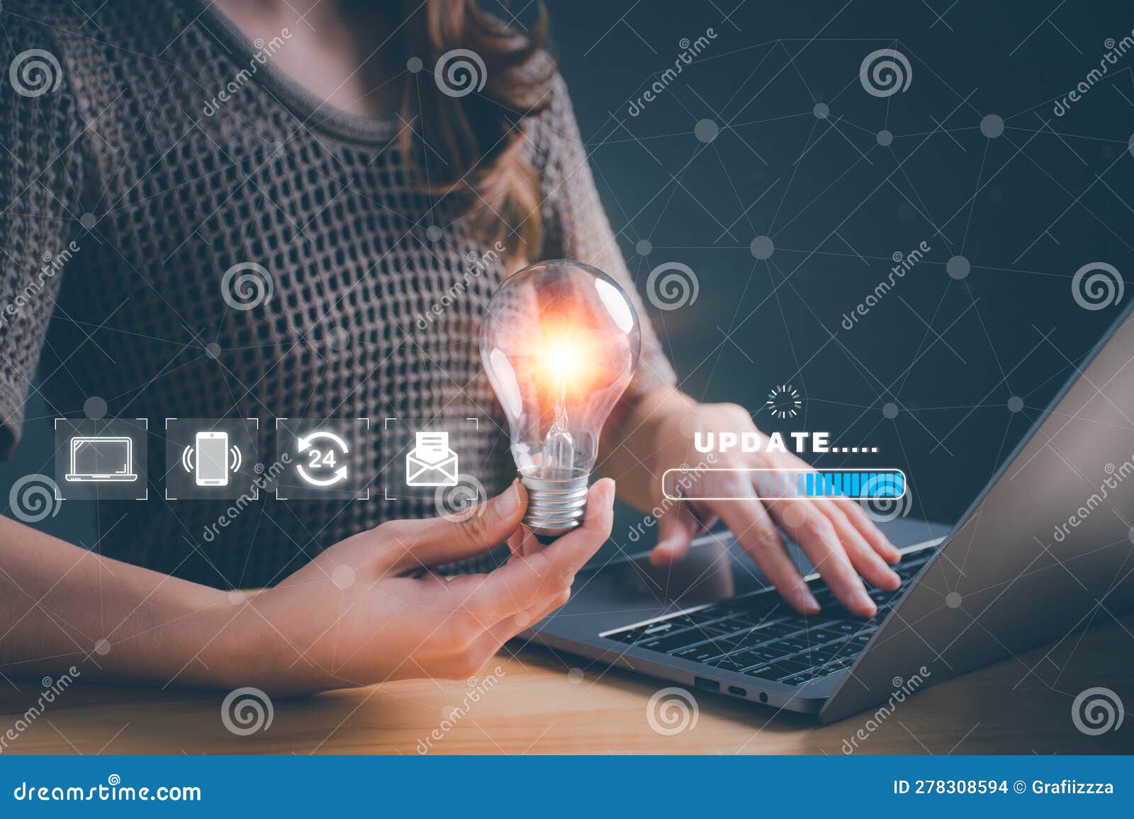 Woman Holding Light Bulb and Update Software Computer. Program Upgrade ...