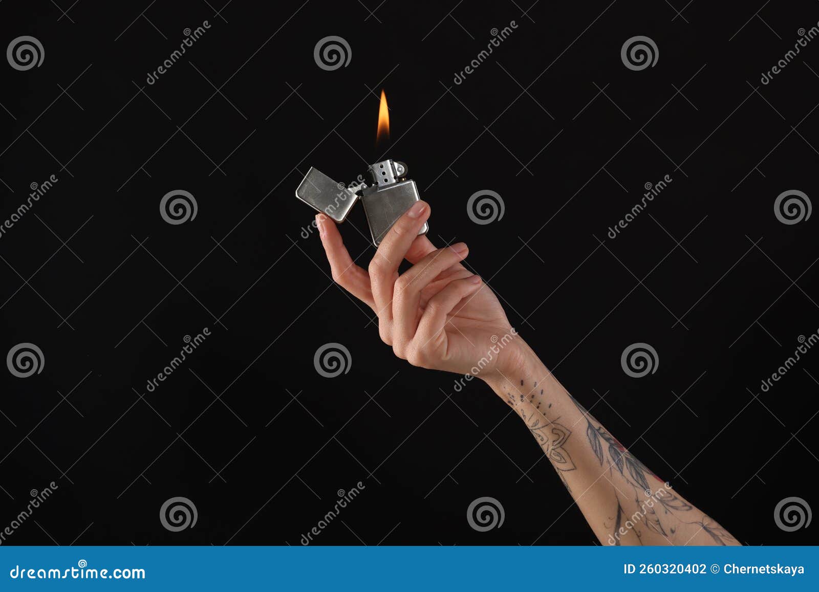 Woman Holding Lighter with Burning Flame on Black Background, Closeup ...