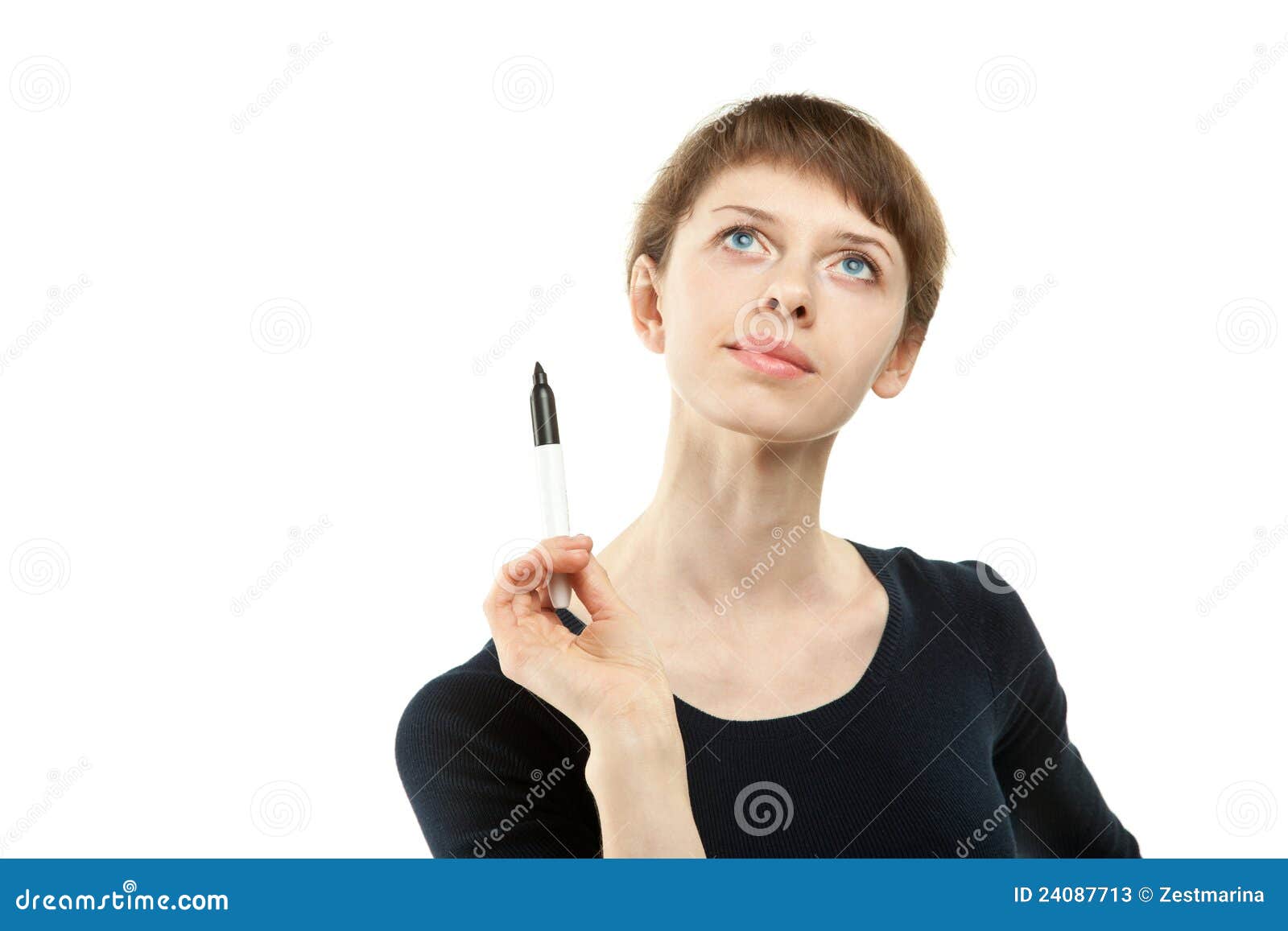 Woman Holding Marker and Thinking Stock Image - Image of black ...
