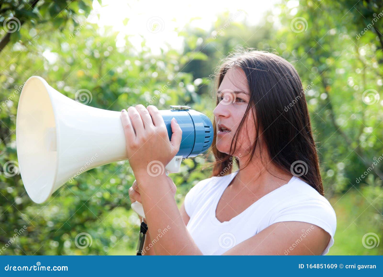 Woman holding megaphone stock image. Image of equipment - 164851609