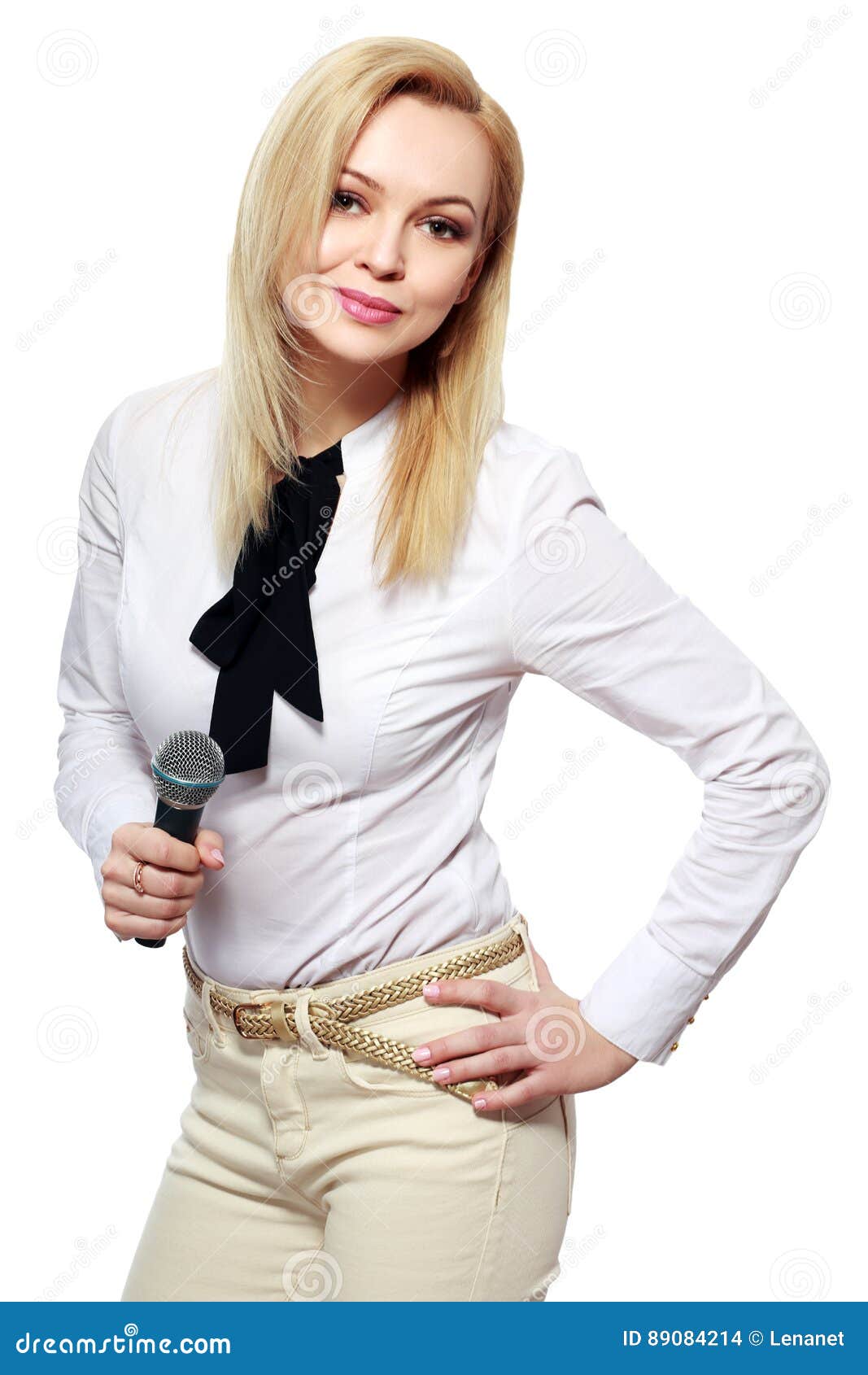 Woman holding microphone stock photo. Image of presenter - 89084214