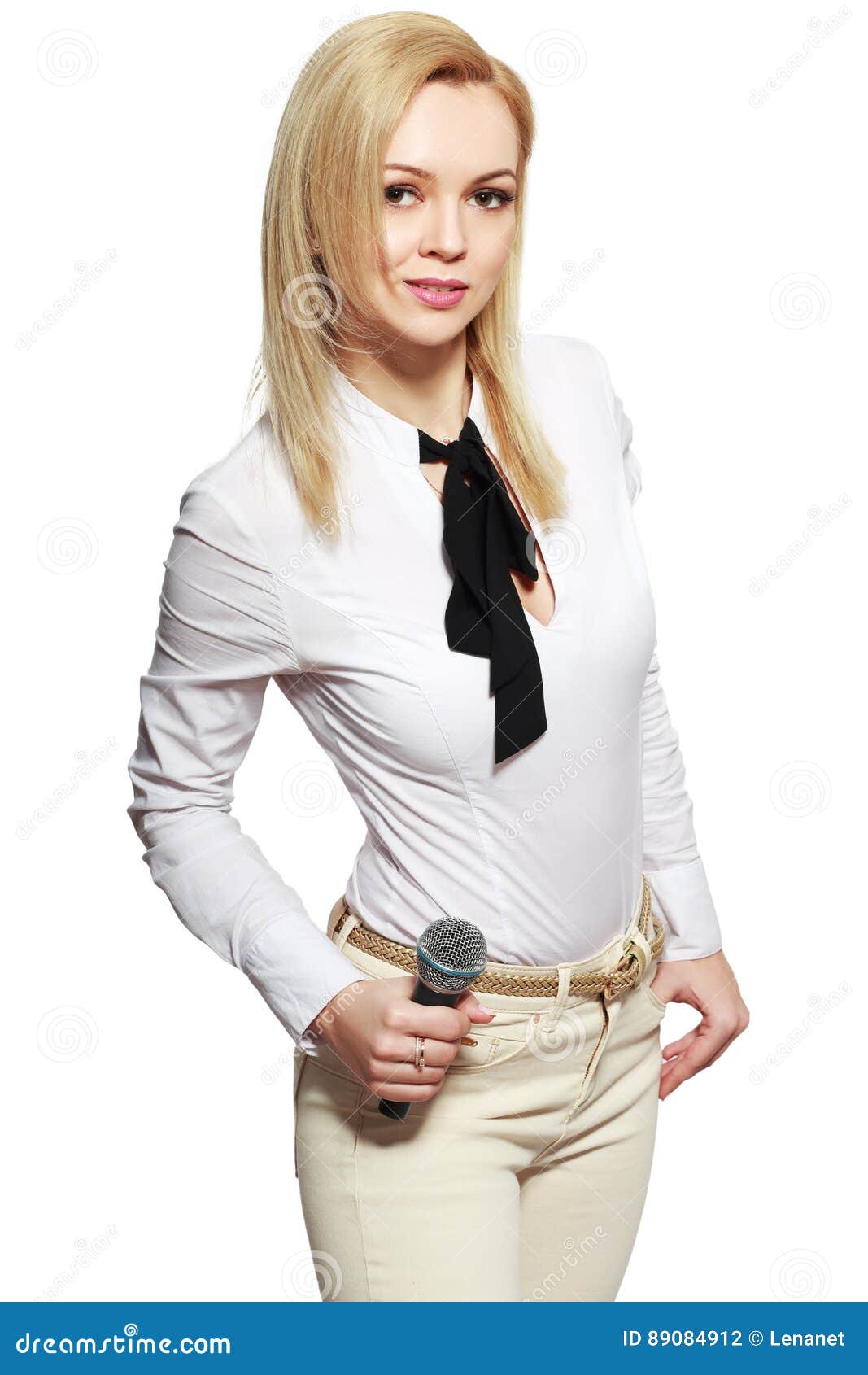 Woman holding microphone stock photo. Image of reporter - 89084912