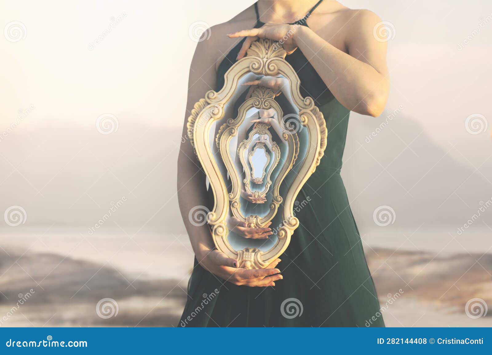 Woman Holding a Mirror Reflecting a Surreal Image of Herself in Loop ...
