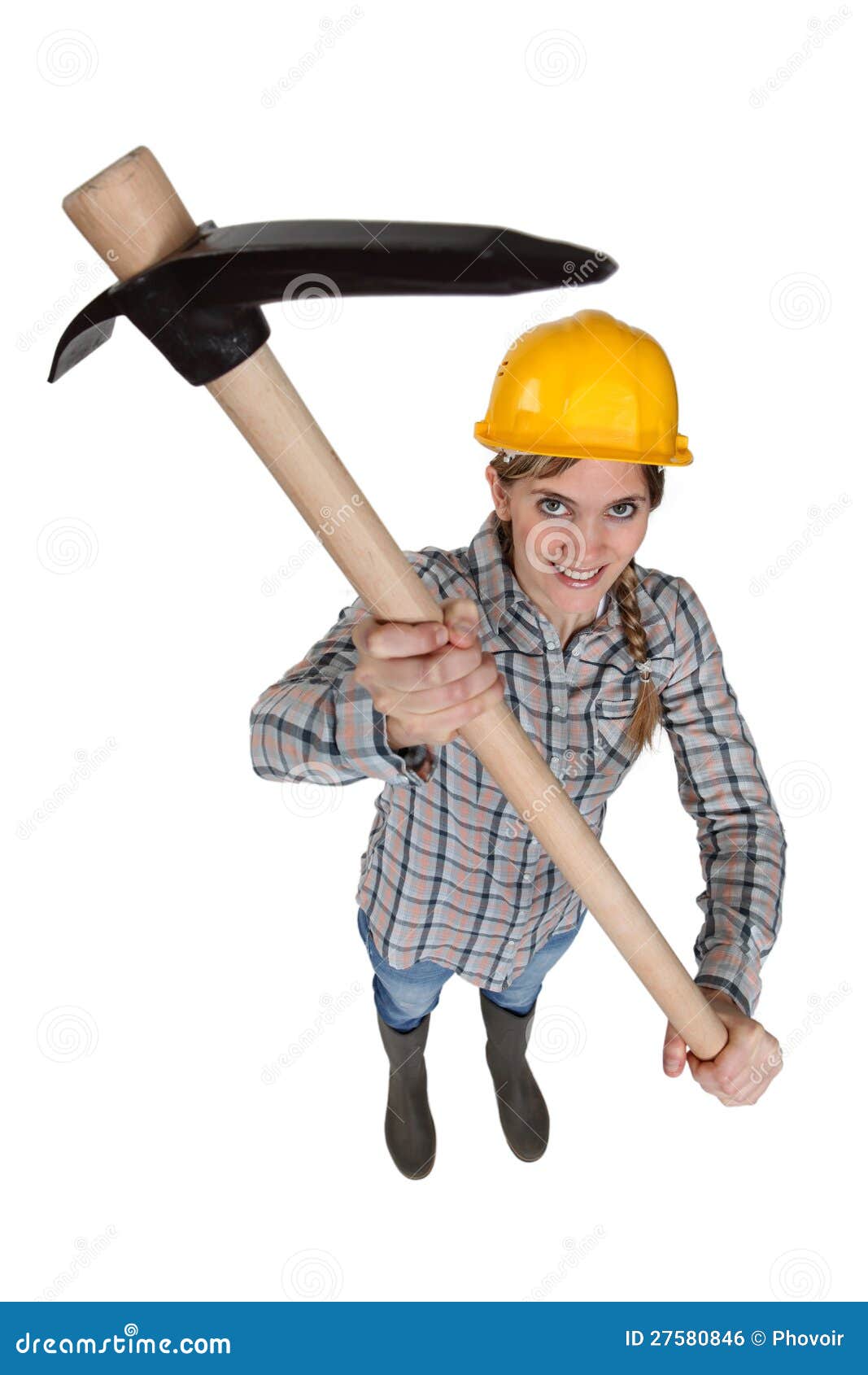 Woman holding pick axe stock photo. Image of builder - 27580846
