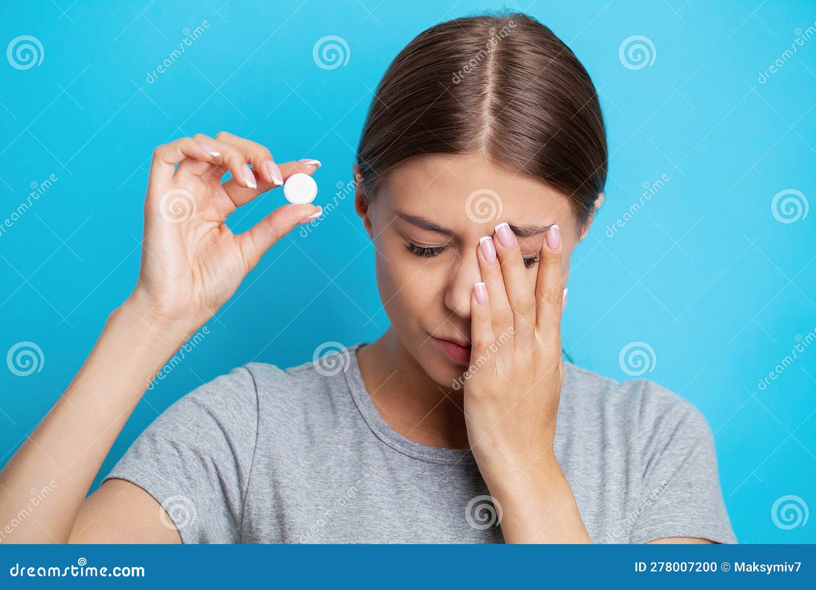 Woman Holding Pill And Glass Water Taking Medicine From Headache