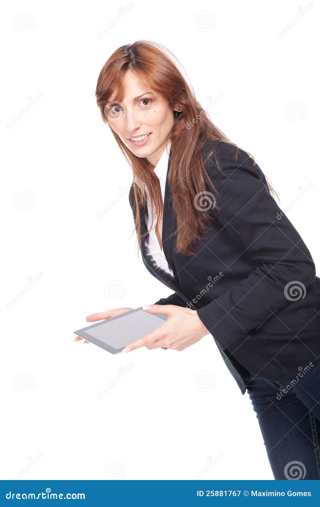 Woman Holding a Portable Computer and Smiling Stock Image - Image of ...