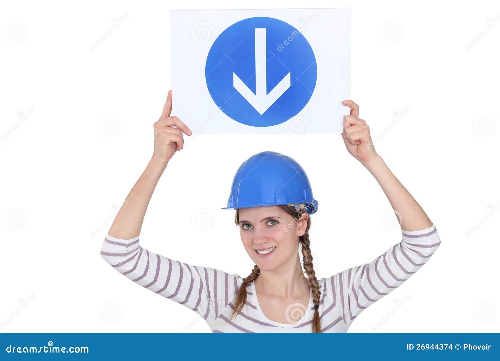 Woman holding a road sign stock photo. Image of shot - 26944374