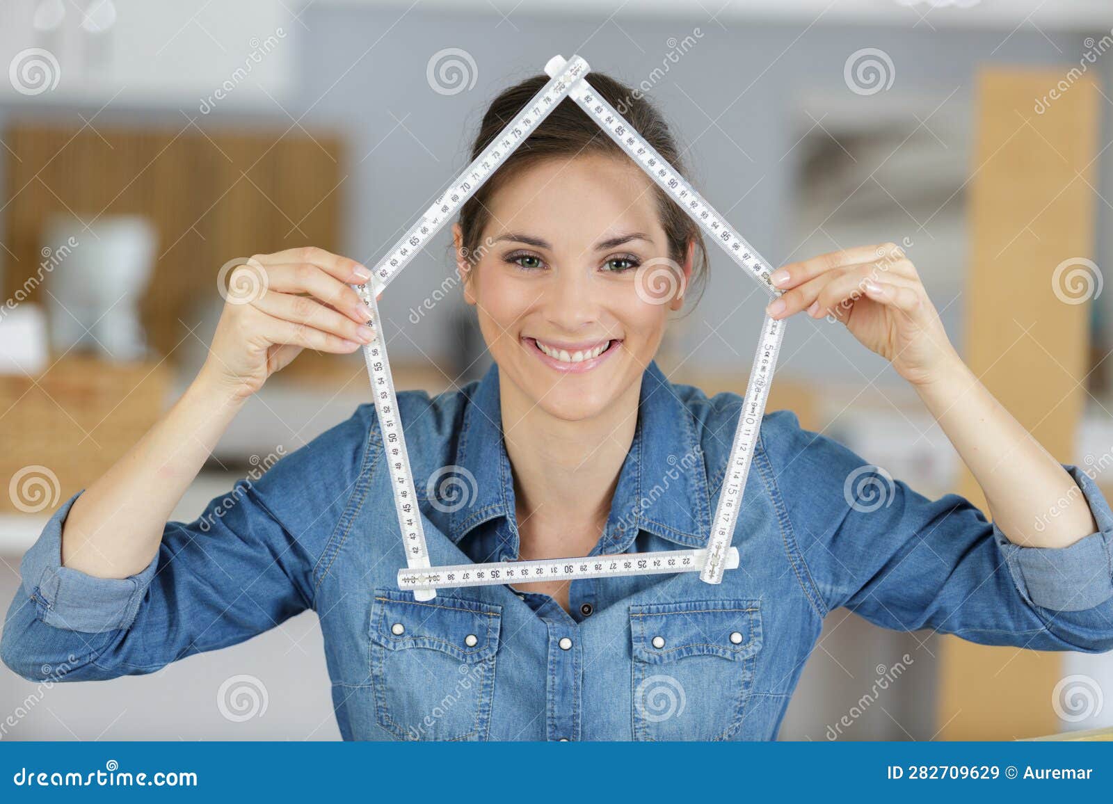 Woman Holding Ruler in Form House Stock Image - Image of saving ...