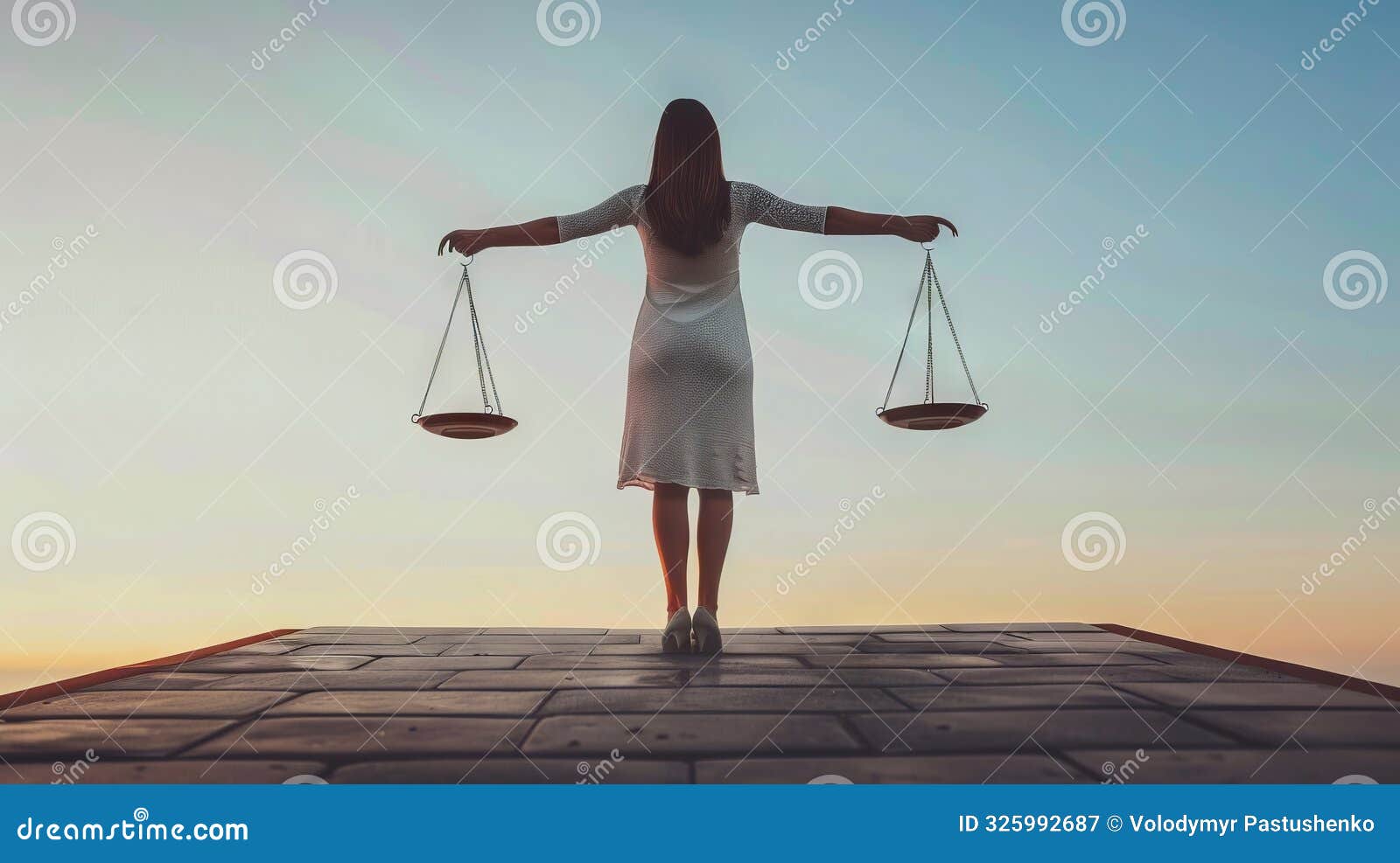 Woman Holding Scales of Justice at Sunset Stock Illustration ...