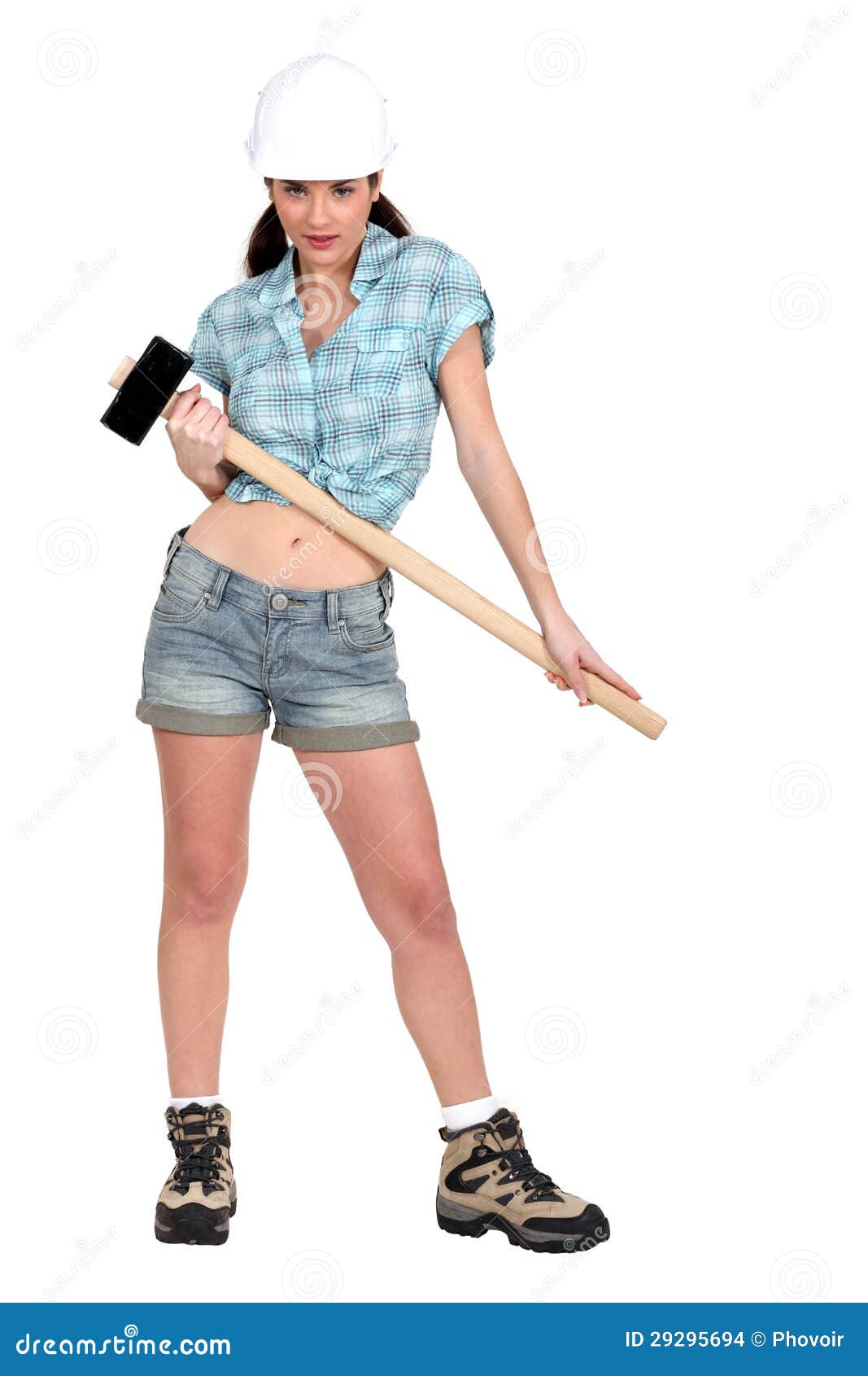 Woman Holding Sledge-hammer Stock Photo - Image of petite, blue: 29295694