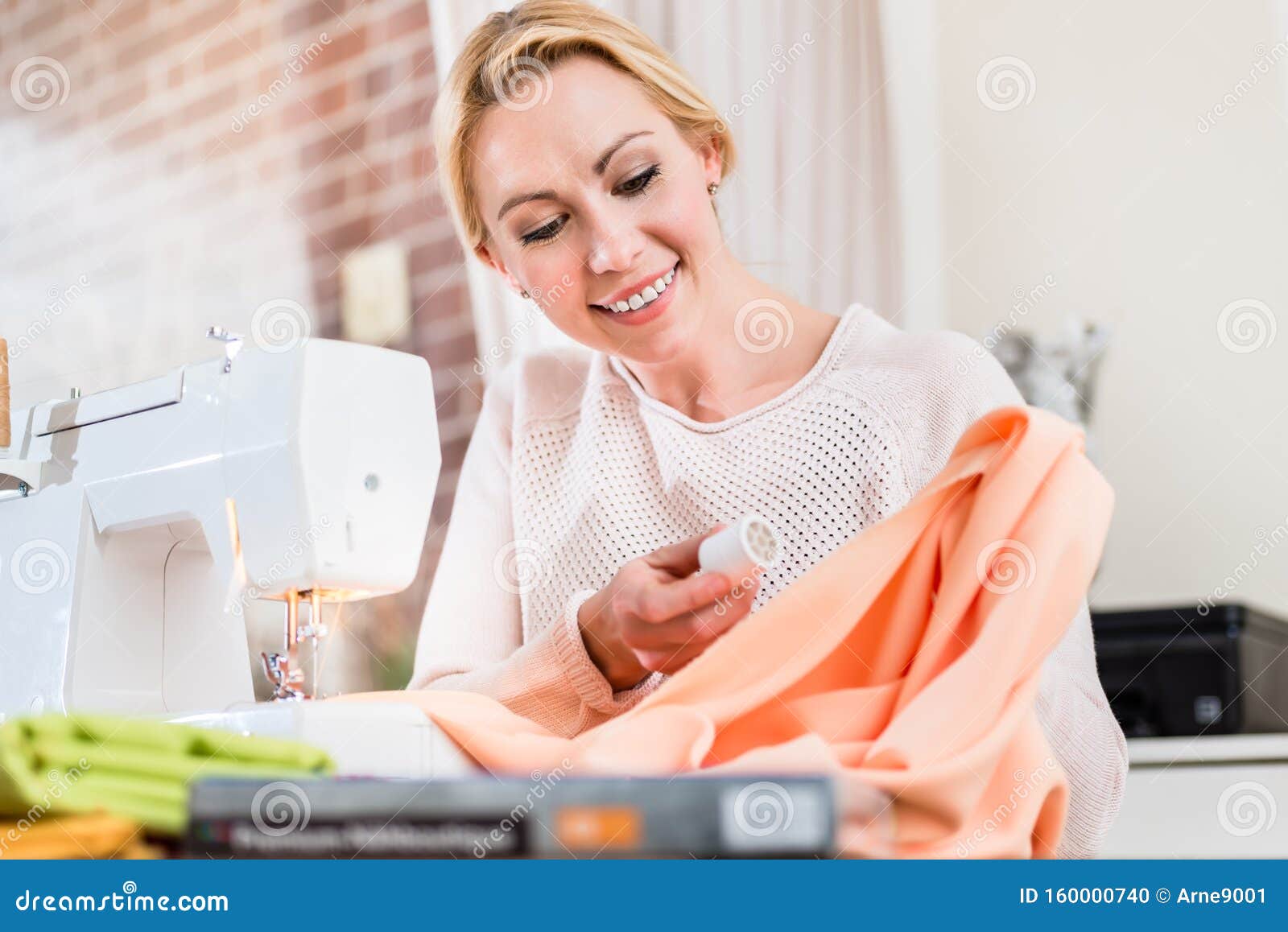 Woman Holding Spool and Fabric Stock Photo - Image of needlework ...