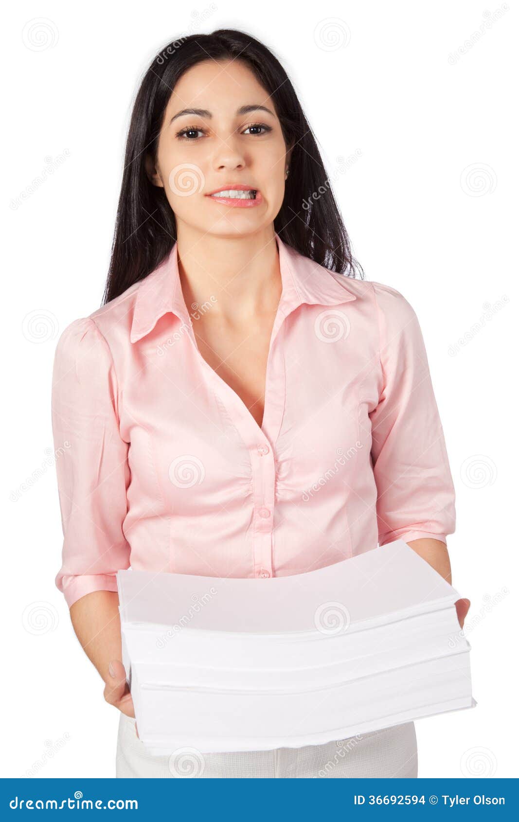 Woman Holding Stack of Paper Stock Photo - Image of portrait, isolated ...