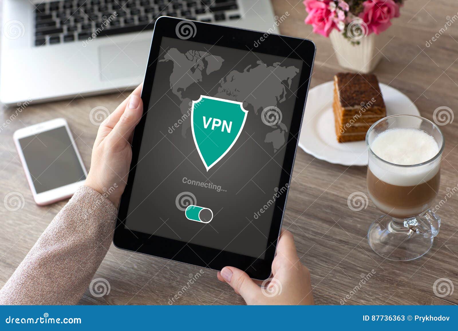 Woman Holding Tablet App Vpn Creation Internet Protocols Protect Stock ...