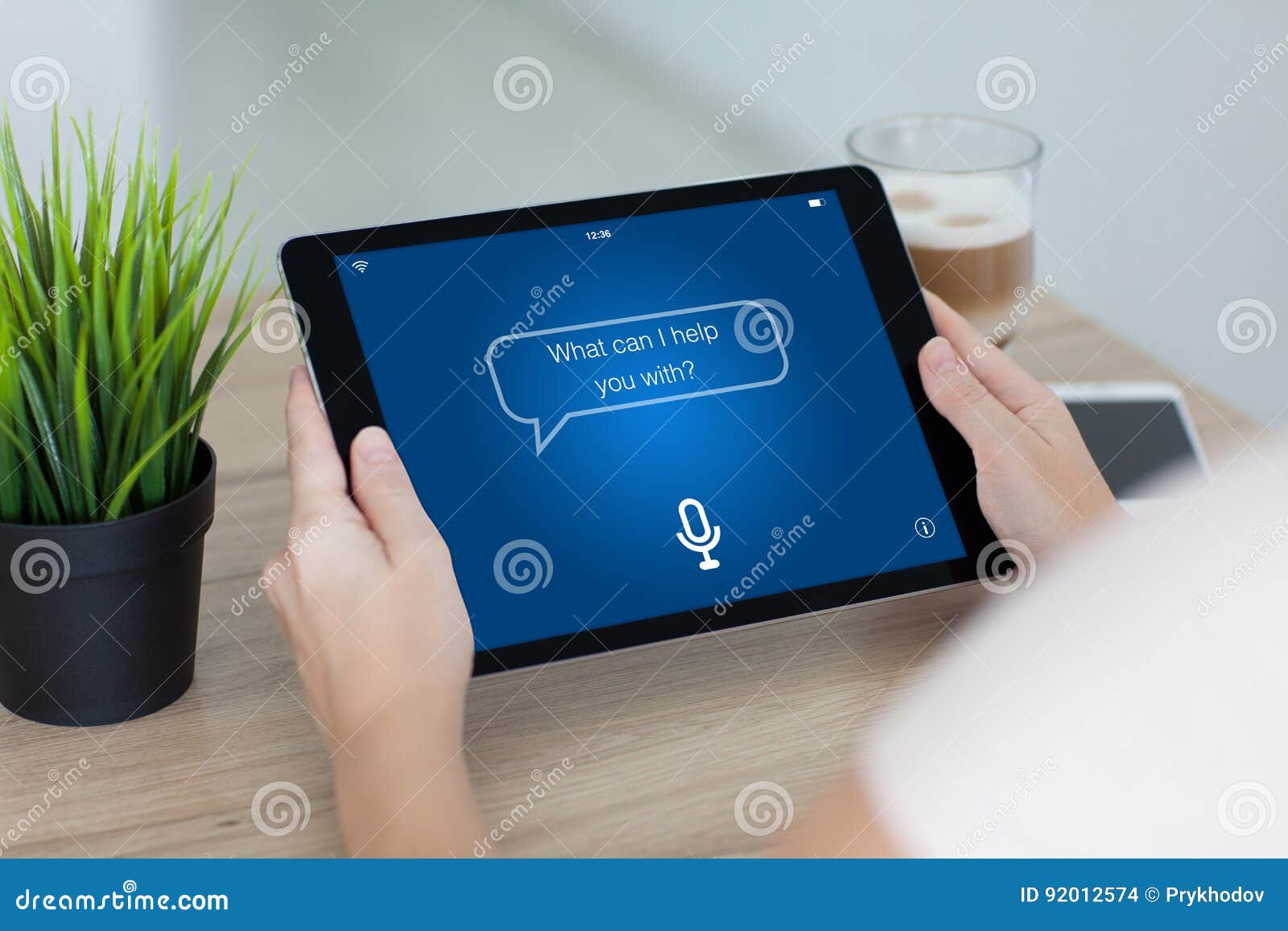Woman Holding Tablet Computer with App Personal Assistant on Screen ...