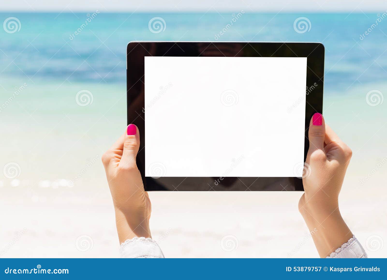 Woman Holding Tablet Computer with Empty Screen on the Beach Stock ...