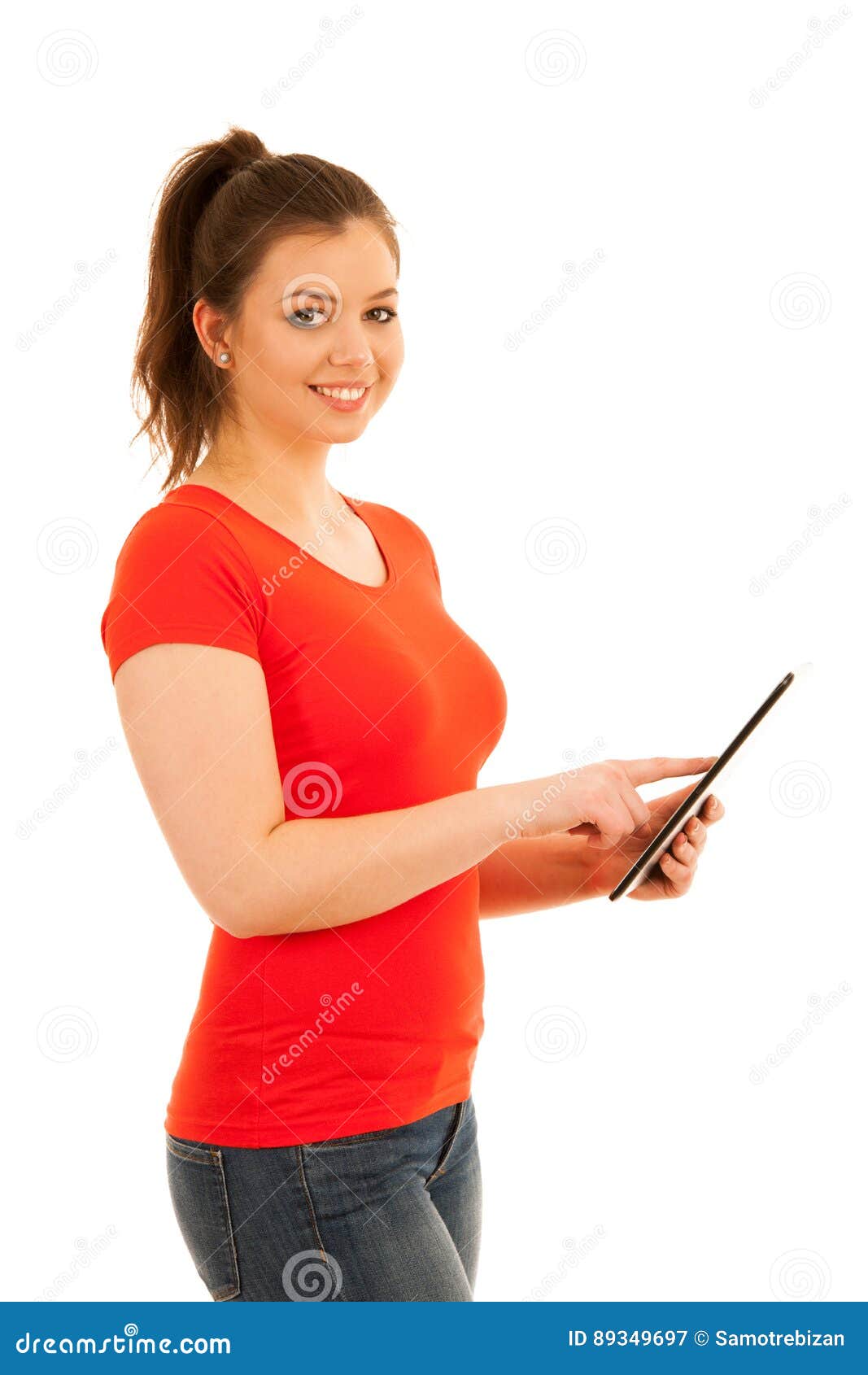 Woman Holding a Tablet Isolated Over White Stock Image - Image of ...