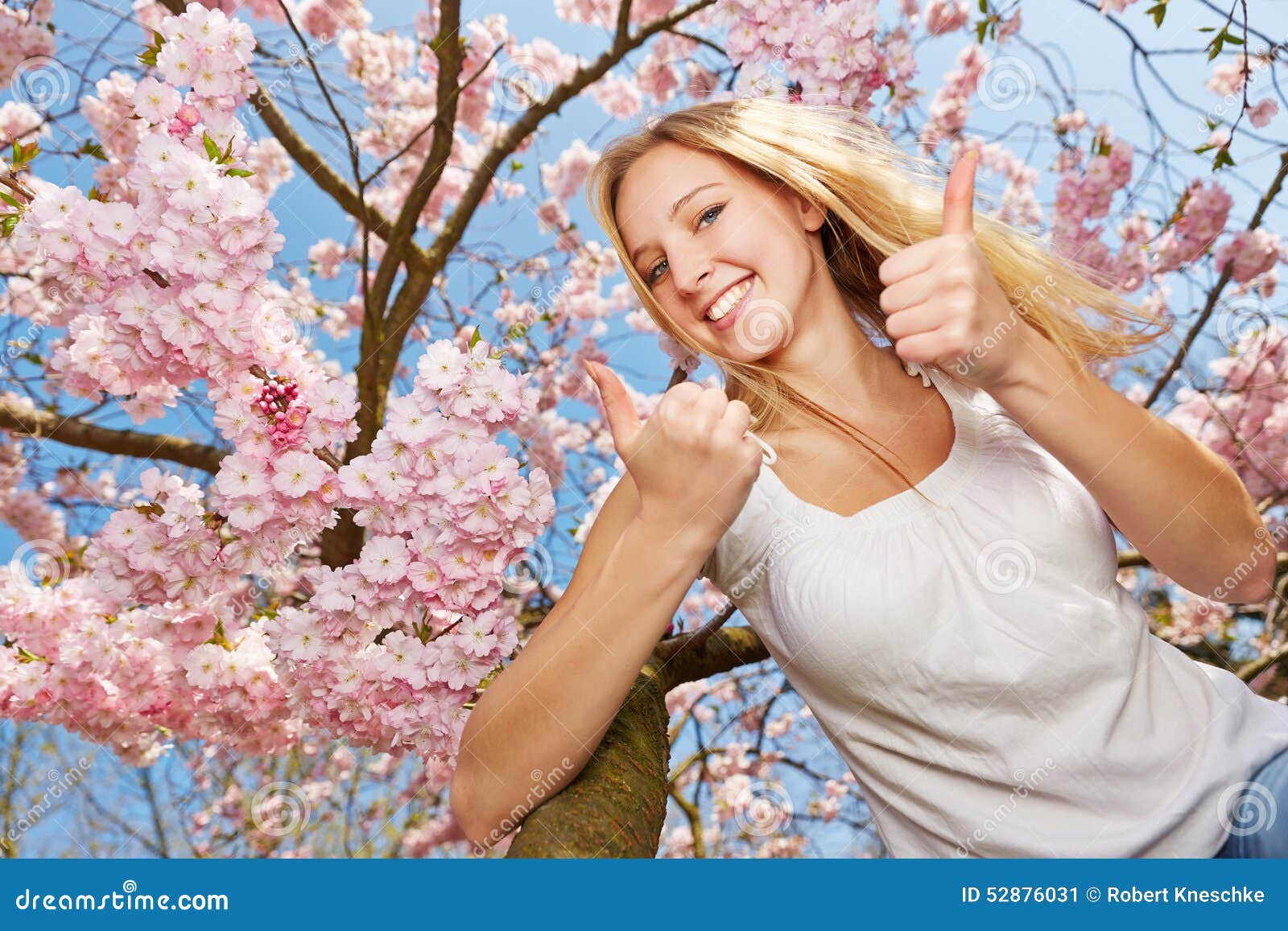 Woman Holding Thumbs Up in Spring Stock Image - Image of people ...