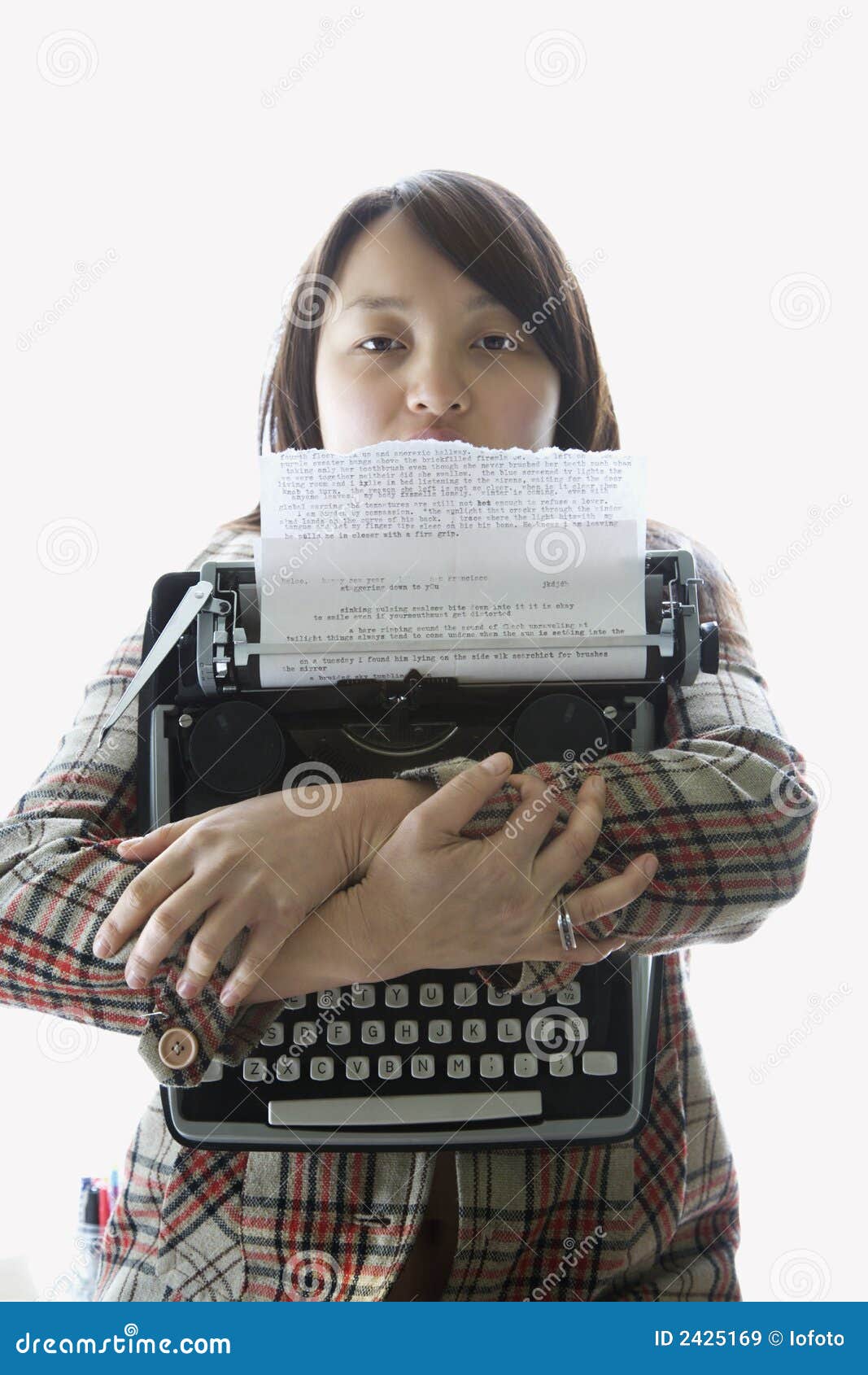 Woman holding typewriter. stock image. Image of pretty - 2425169