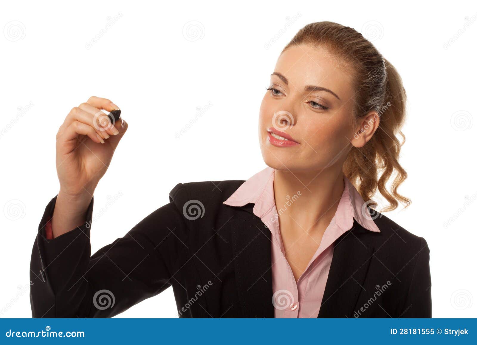 Woman Holding Up a Pen Writing Stock Image - Image of black, happy ...