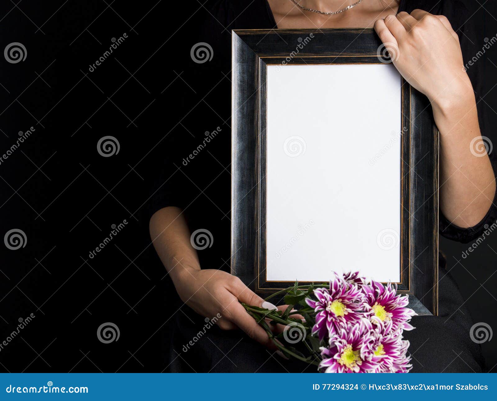 Woman Holds Blank Mourning Frame, with Flower Stock Photo - Image of ...