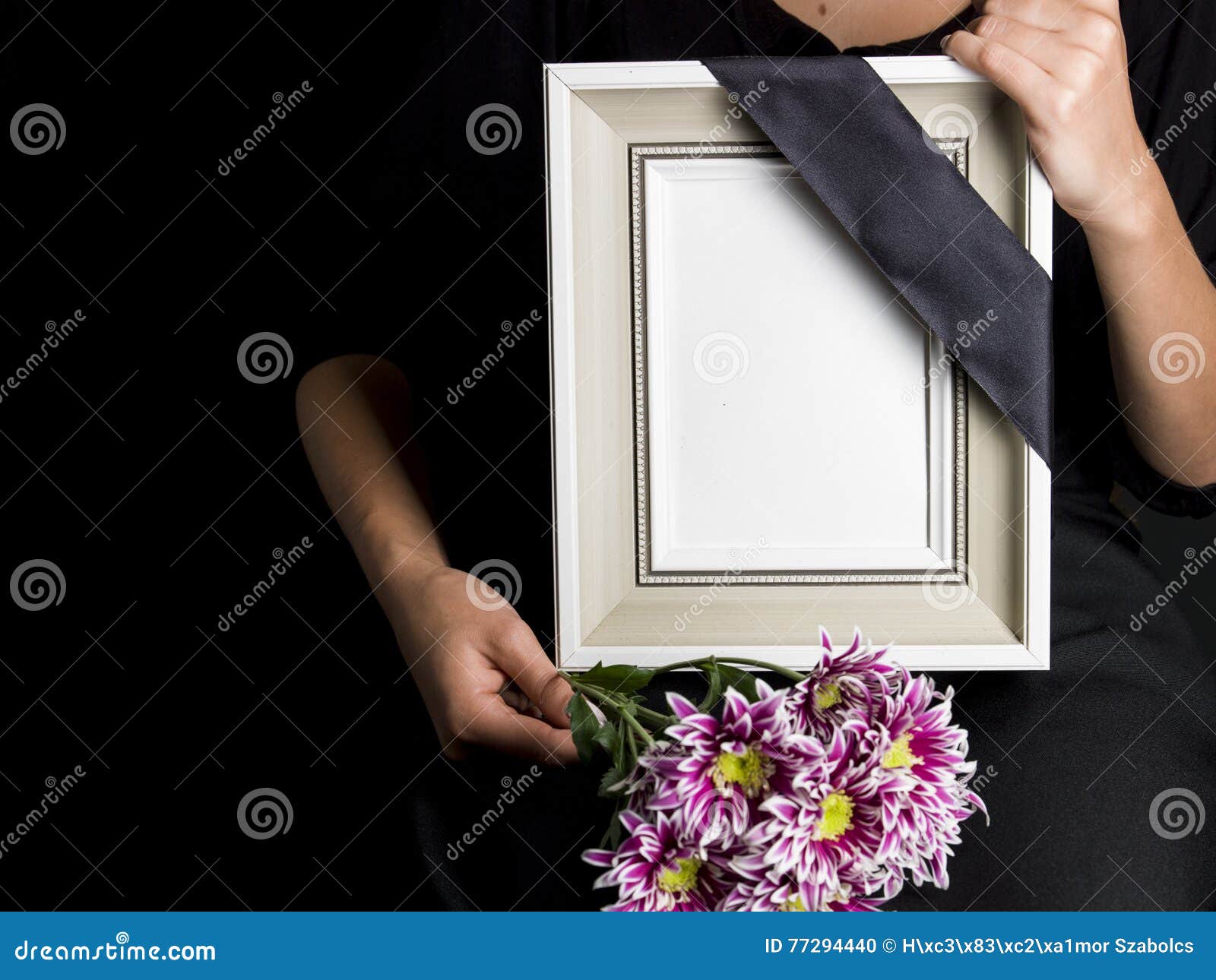 Woman Holds Blank Mourning Frame, with Flower Stock Photo - Image of ...