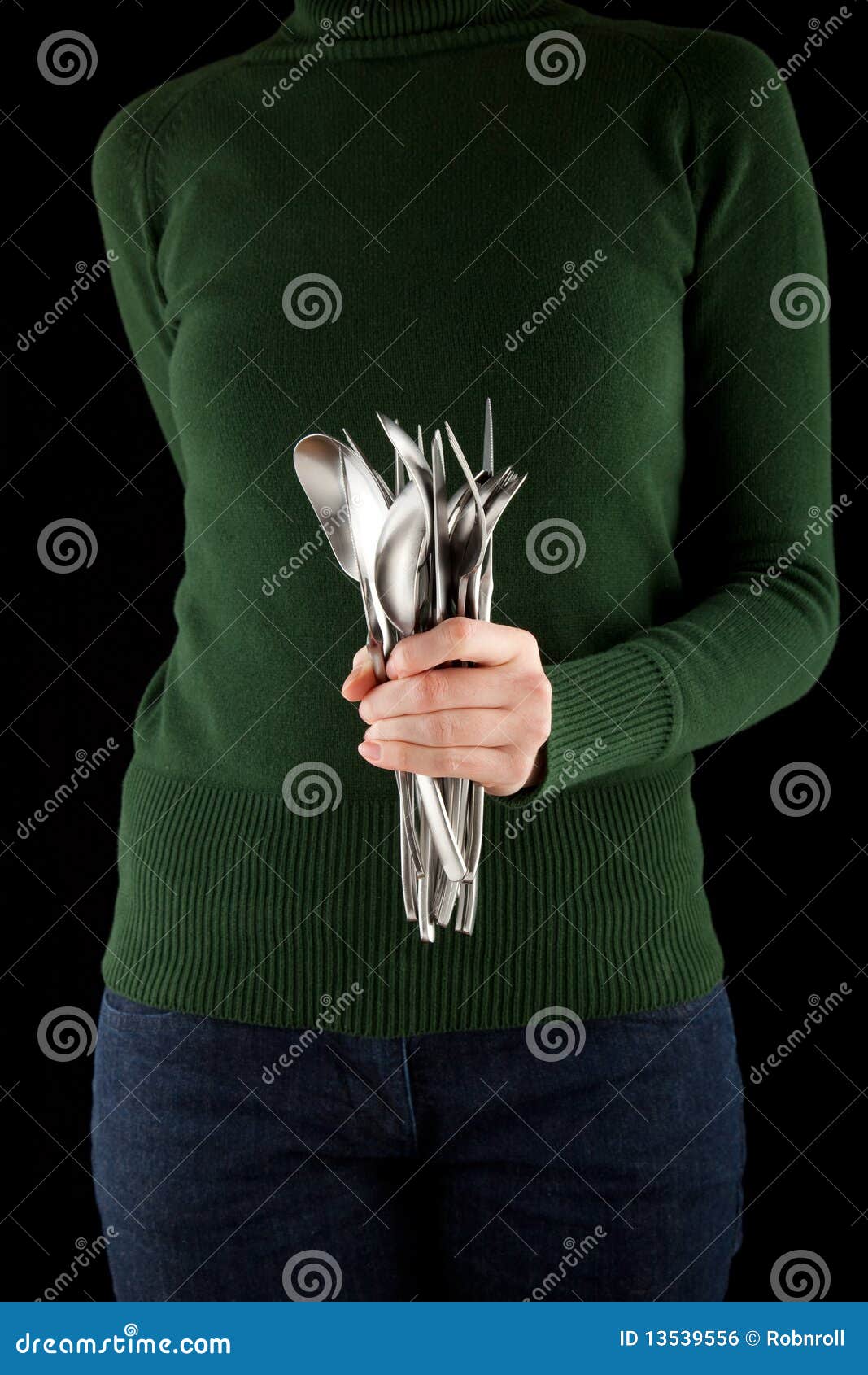 Woman Holds a Bunch of Silverware in Her Hand Stock Photo - Image of ...