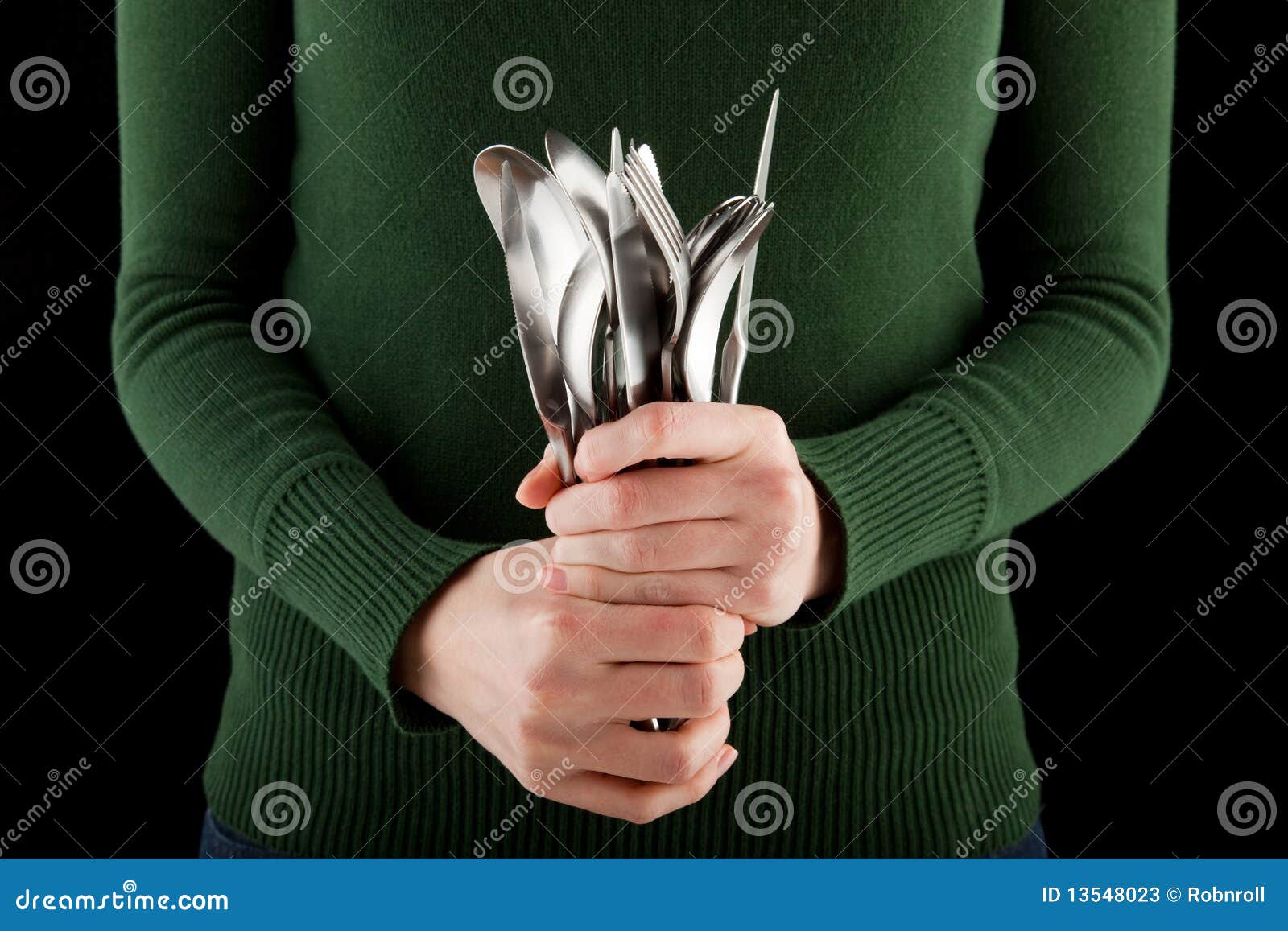 Woman Holds a Bunch of Silverware in Her Hand Stock Image - Image of ...