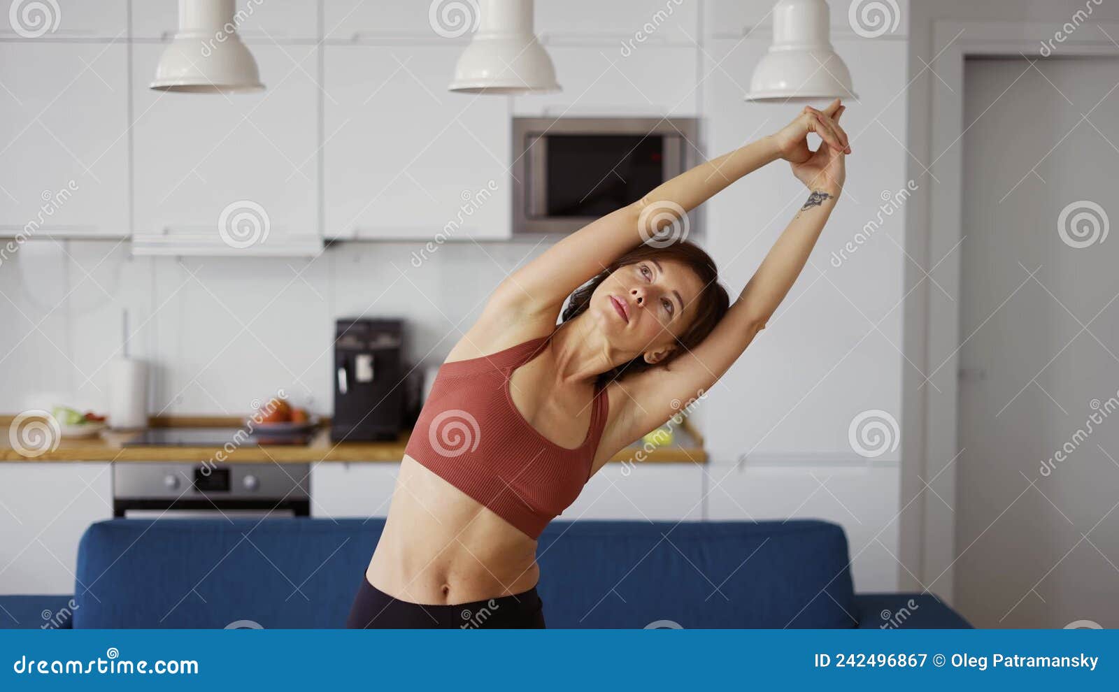 Woman at Home Doing Stretching, Lean Torso To the Sides Stock Video ...