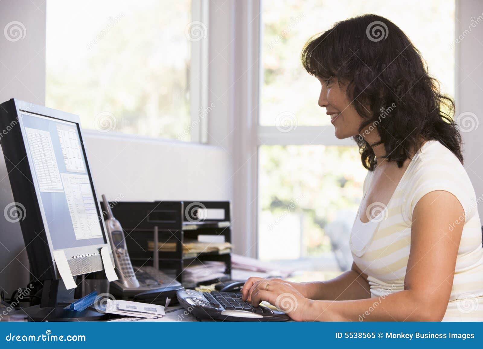 Woman in Home Office Using Computer and Smiling Stock Image - Image of ...
