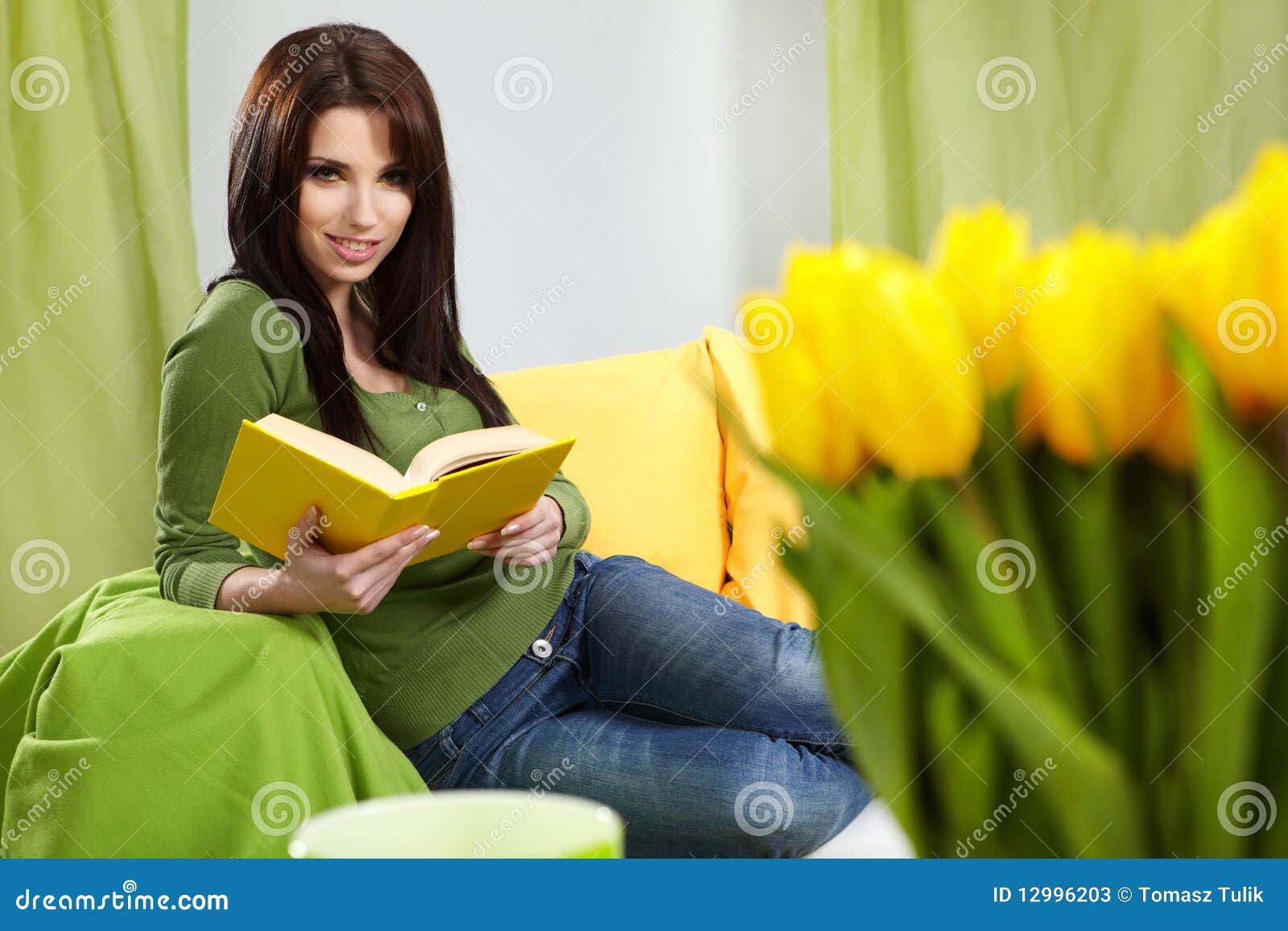 Woman at Home Reading a Book Stock Image - Image of green, indoor: 12996203