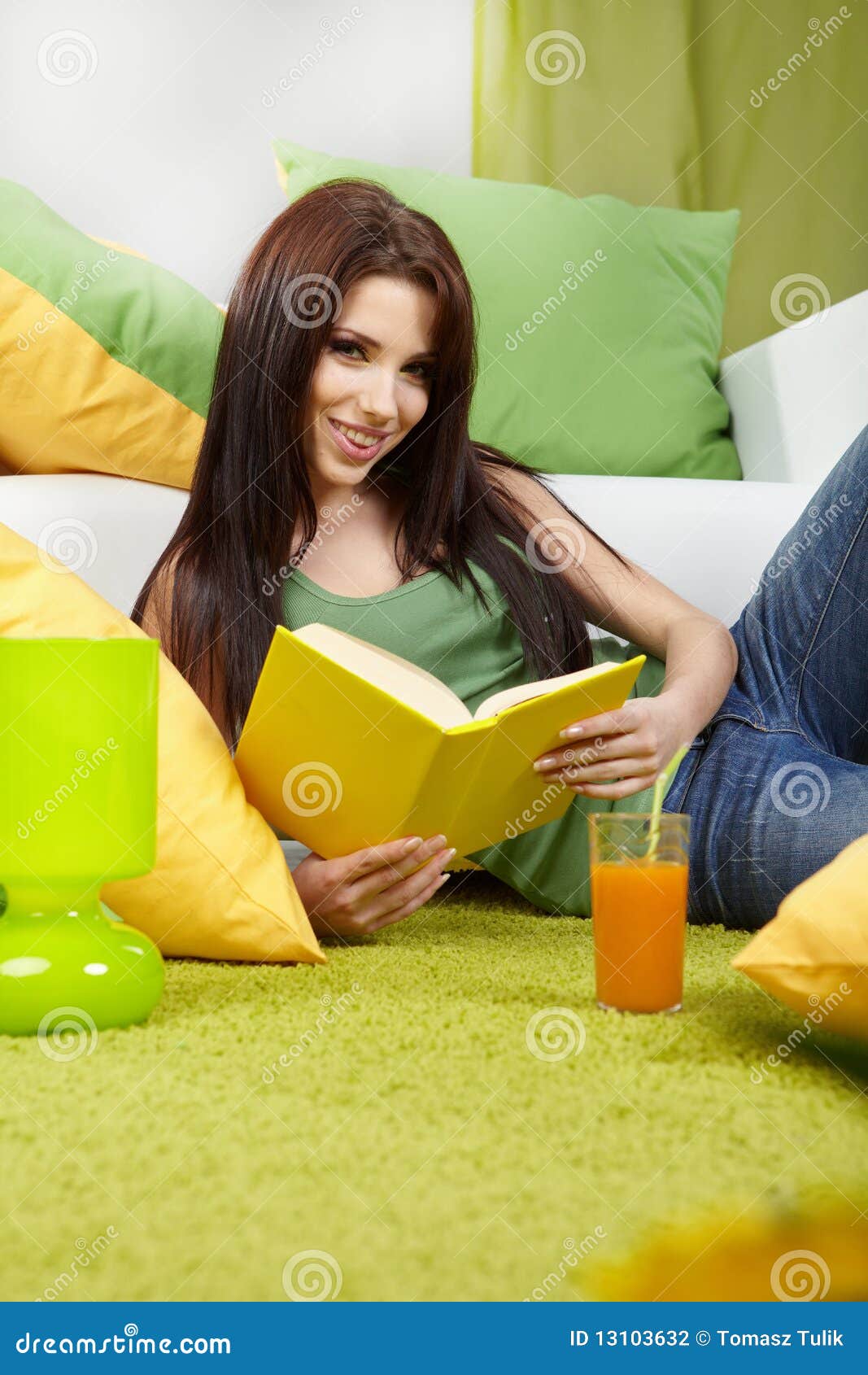 Woman at Home Reading a Book Stock Photo - Image of student, green ...