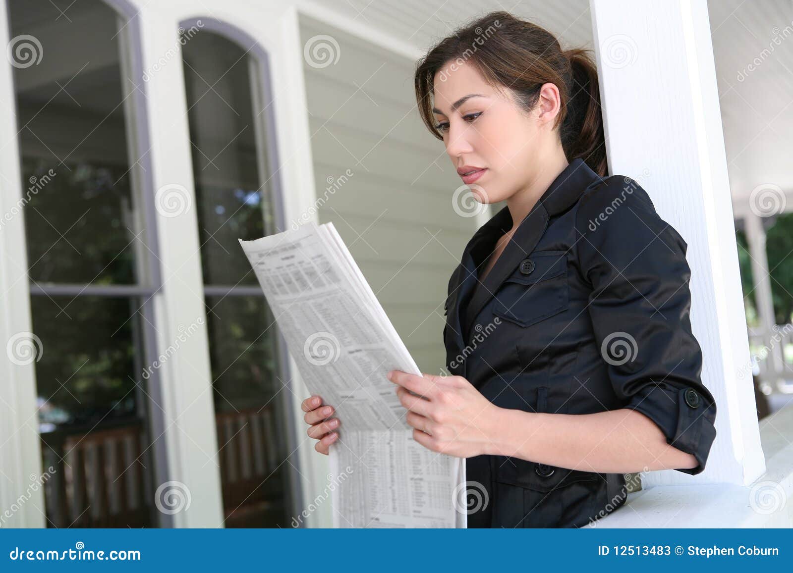 Woman at Home Reading Newspaper Stock Image - Image of outdoor ...