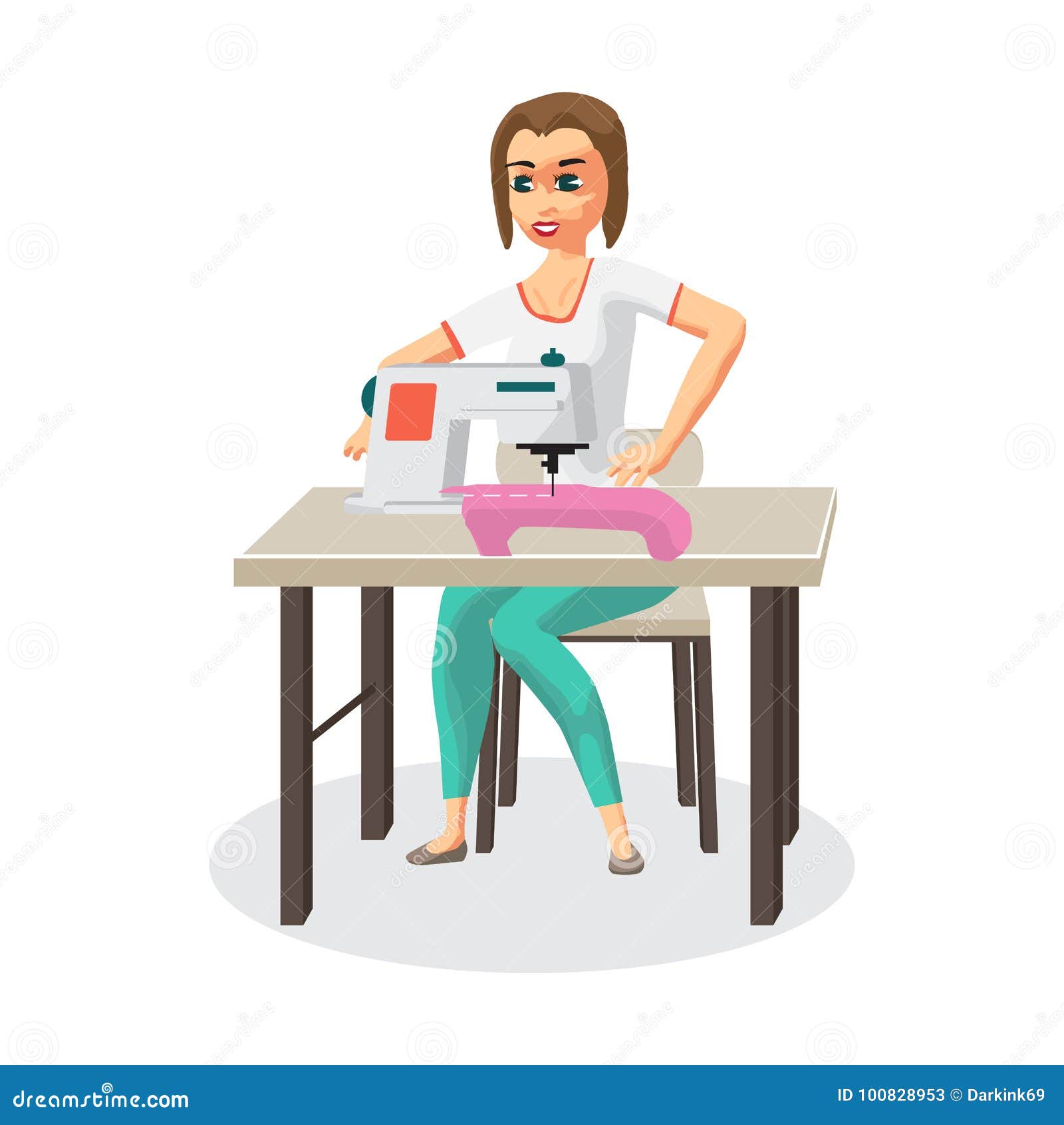 Woman Housewife Sews On The Sewing Machine Flat Cartoon Vector Stock