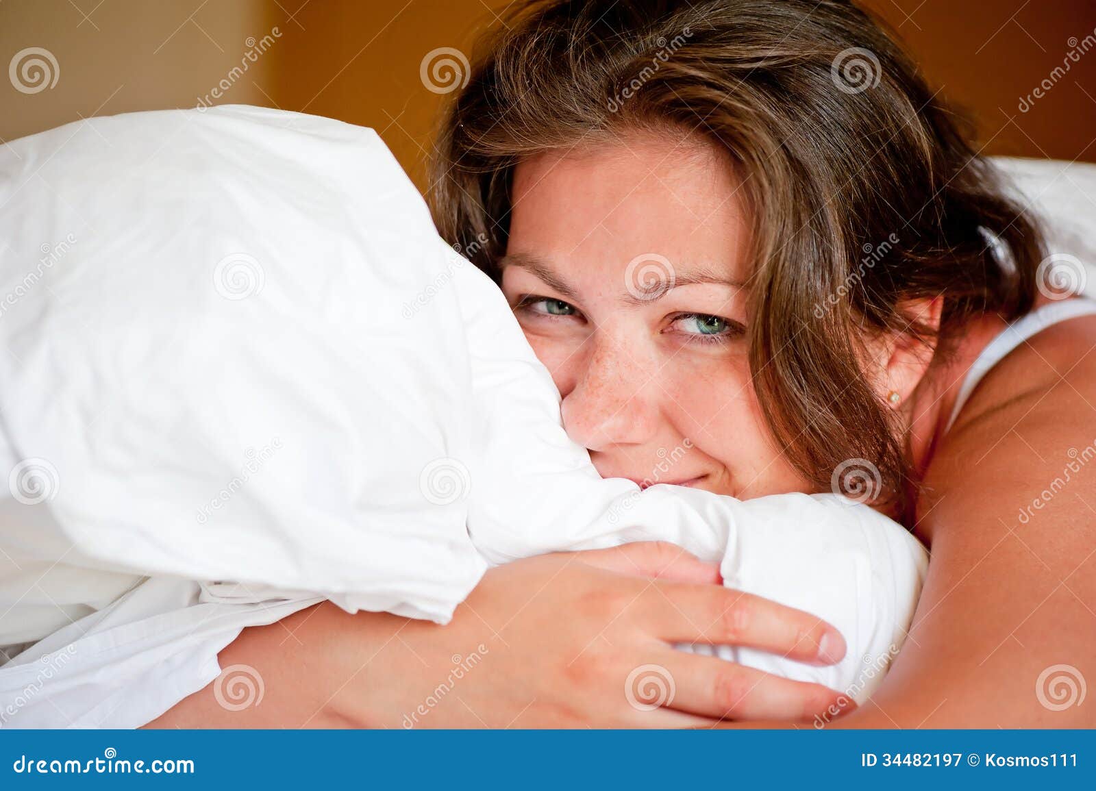 Woman Hugging a Pillow in Bed Stock Image - Image of pillow, health ...
