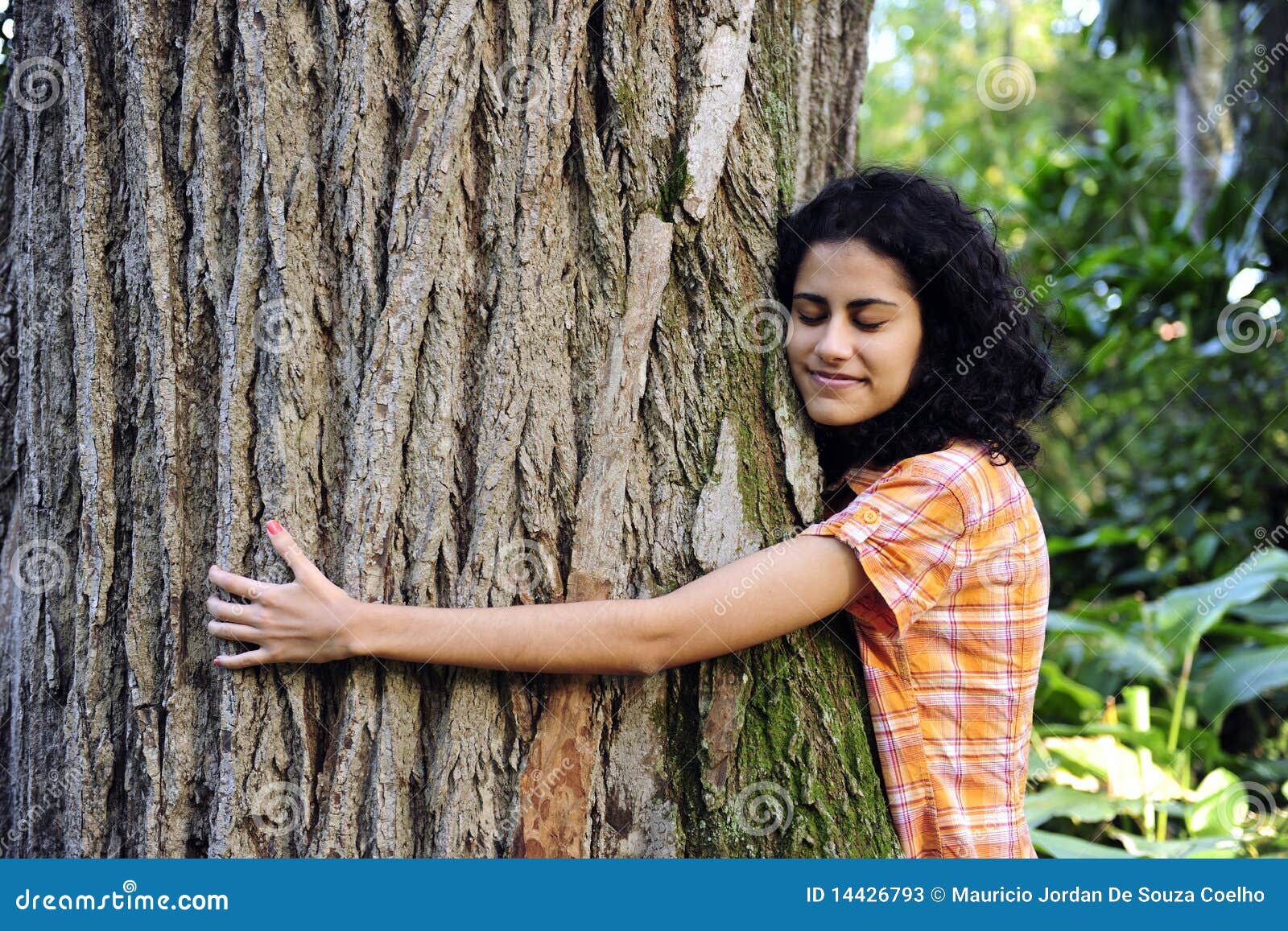 Woman Hugging a Tree in the Forest Stock Image - Image of daydreaming ...