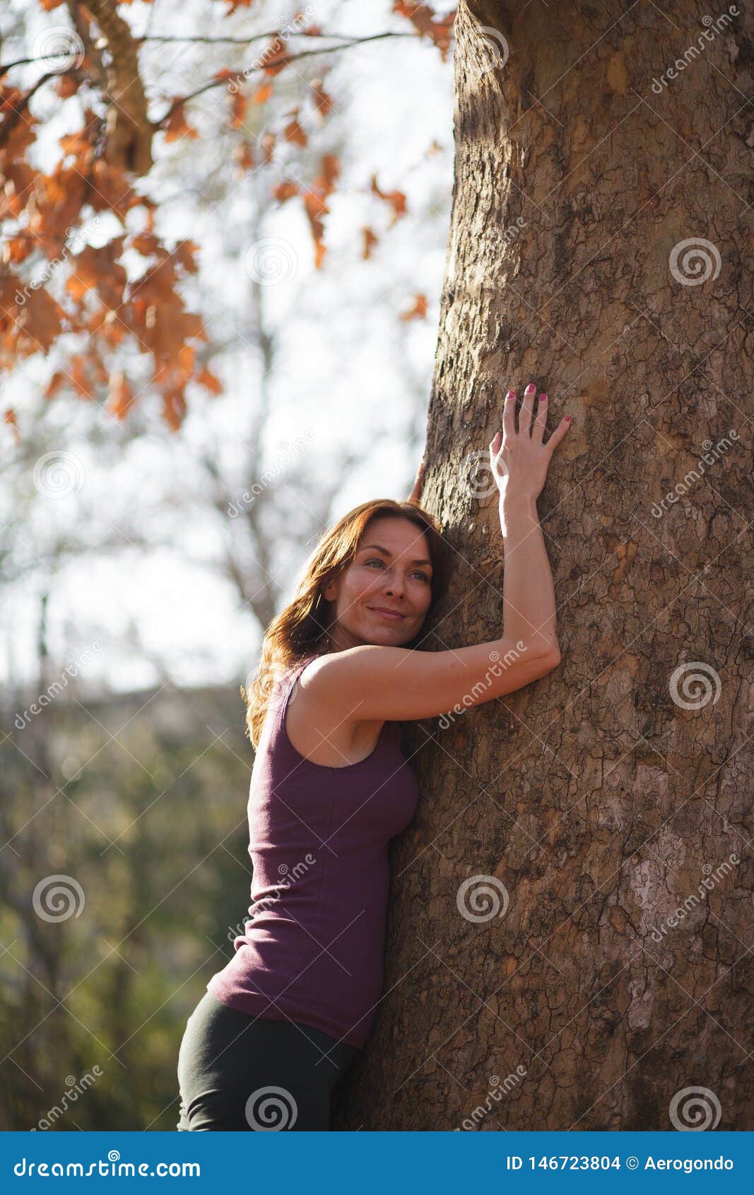 Woman Hugging a Tree in the Park after Exercise Stock Photo - Image of ...