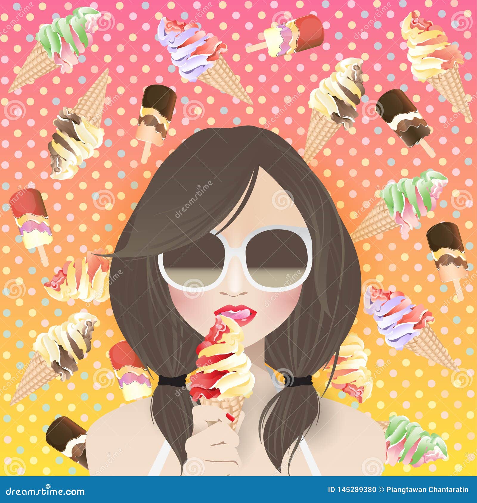 Woman Ice Cream Lover On Ice Cream Background Stock Vector