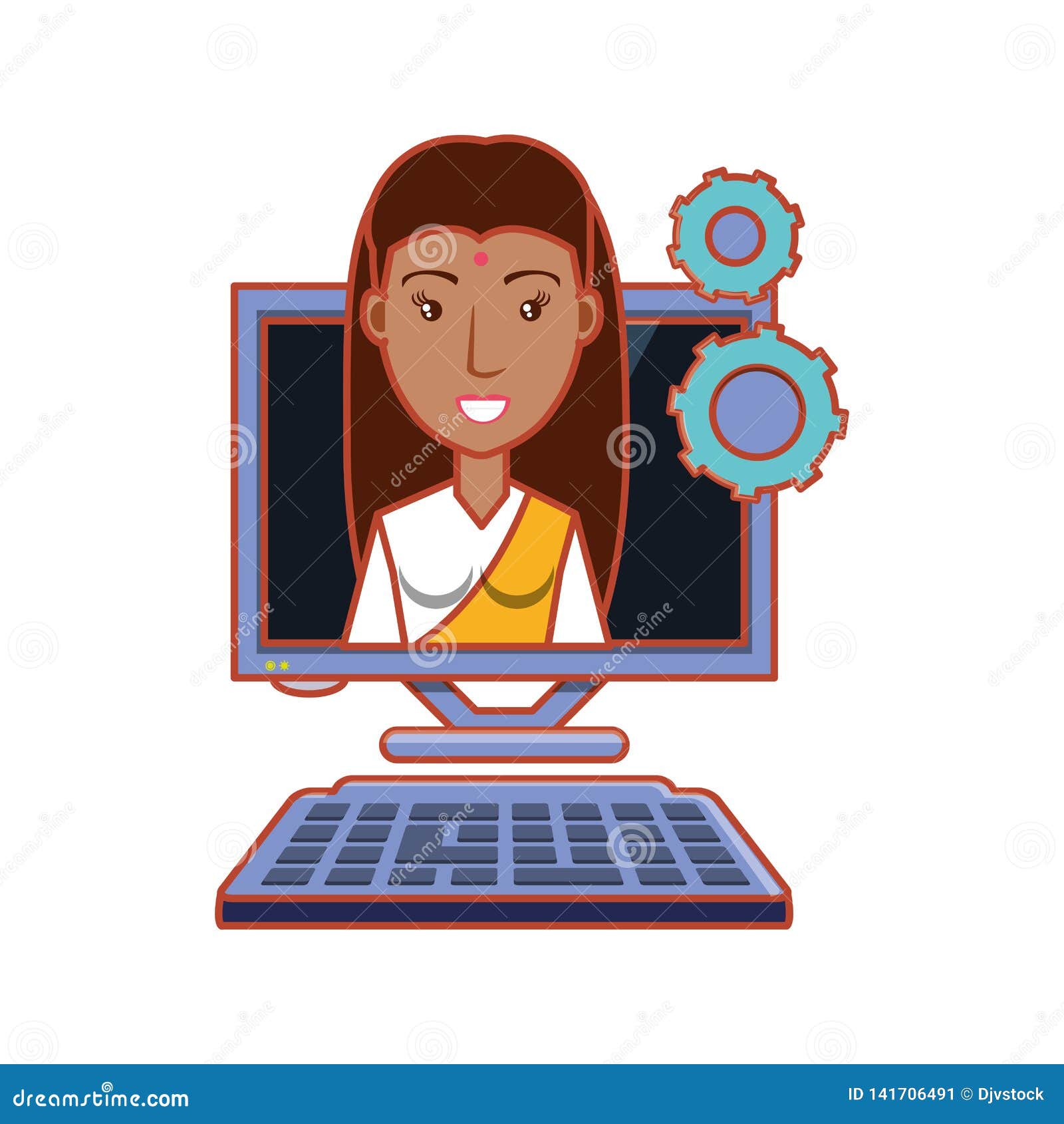 Woman Indian with Computer Desktop Stock Vector - Illustration of face ...