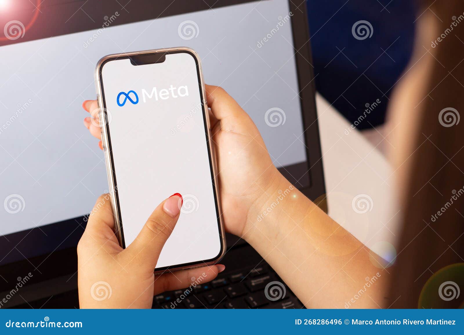 Woman Interacting with the Cell Phone Opening the Meta App Editorial ...