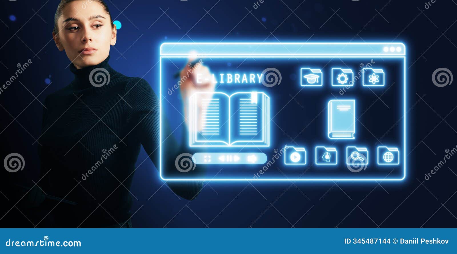 Woman Interacting with Neon Virtual Library Interface on Dark ...