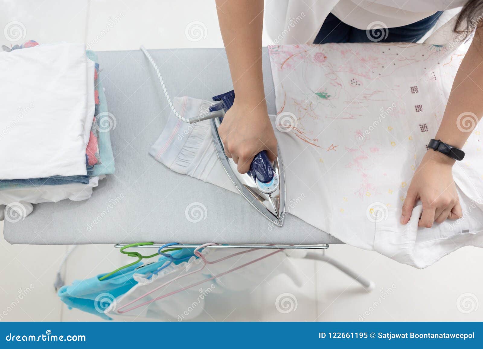 Woman Ironing Clothes Using Iron on Ironing Board at Home,top Vi Stock ...