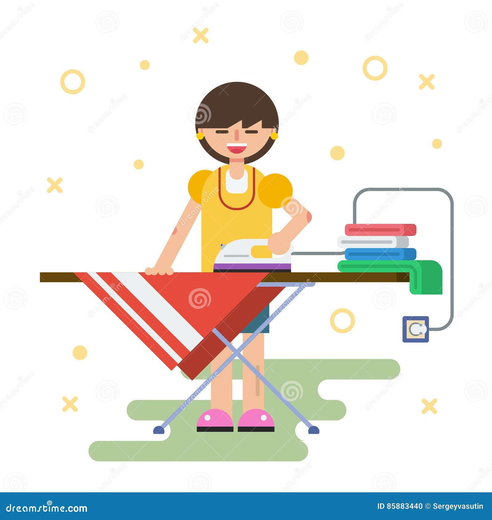 Woman Irons Clothes. Ironing Board And Iron. Vector Illustration ...
