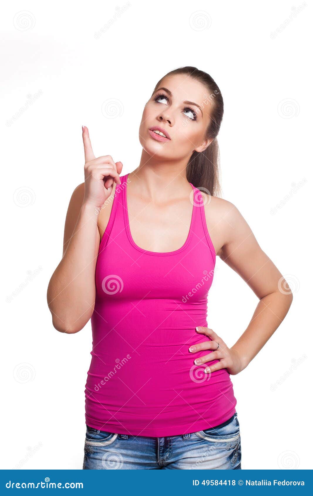 Woman Isolated on White Pointing Above Stock Photo - Image of cheerful ...