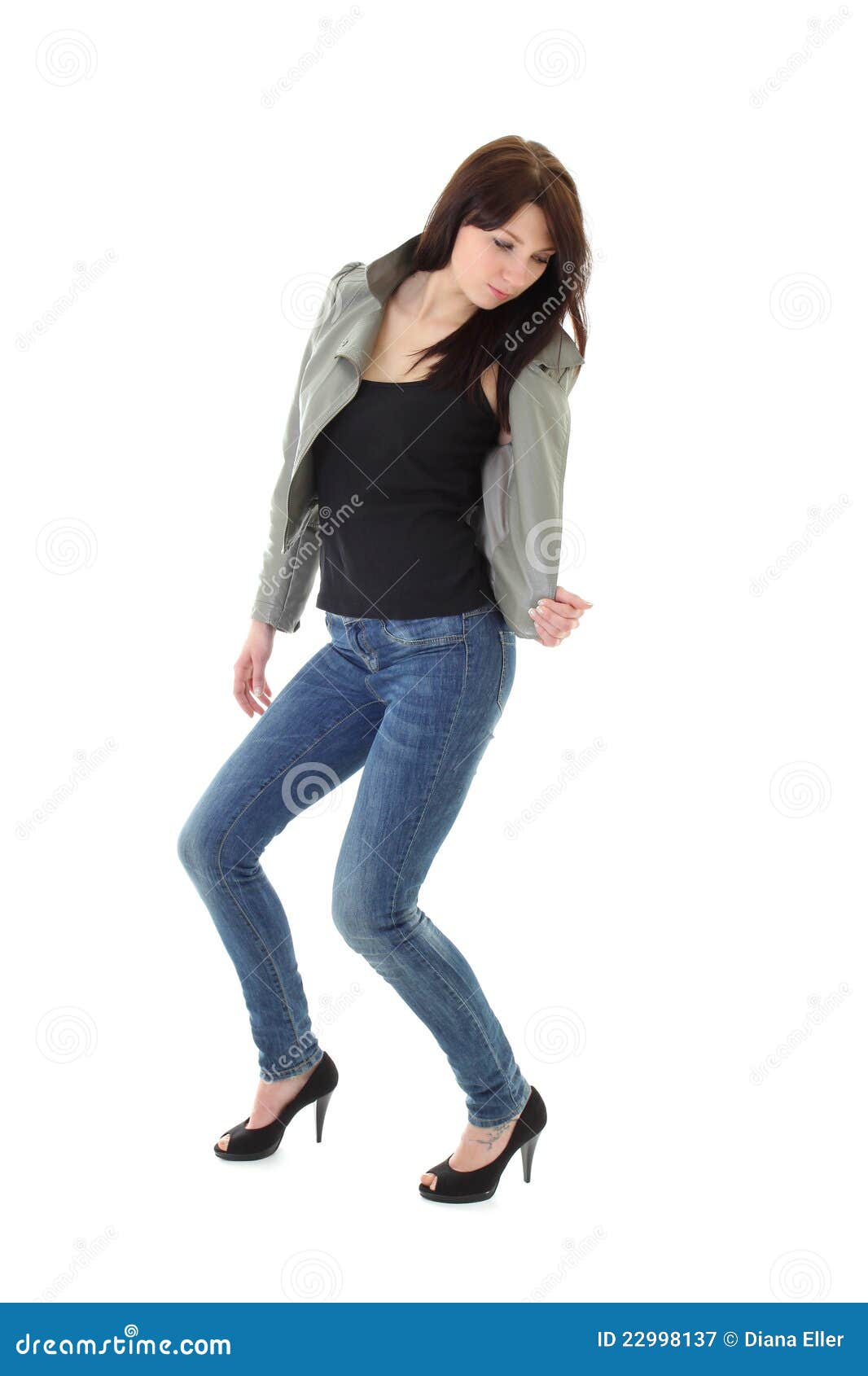 Woman in Jeans and Leather Jacket Dancing Stock Image - Image of ...