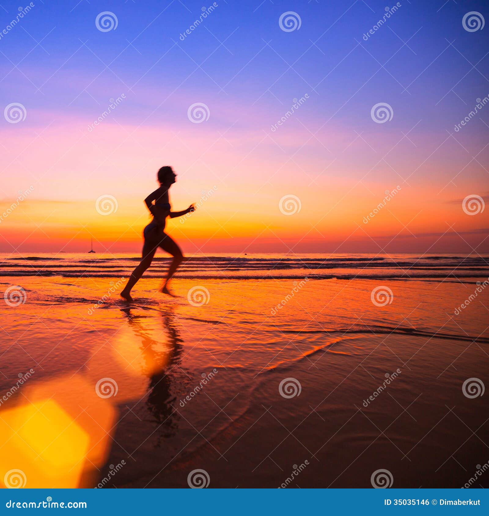 Woman Jogger on the Beach at Sunset. Stock Photo - Image of postcard ...