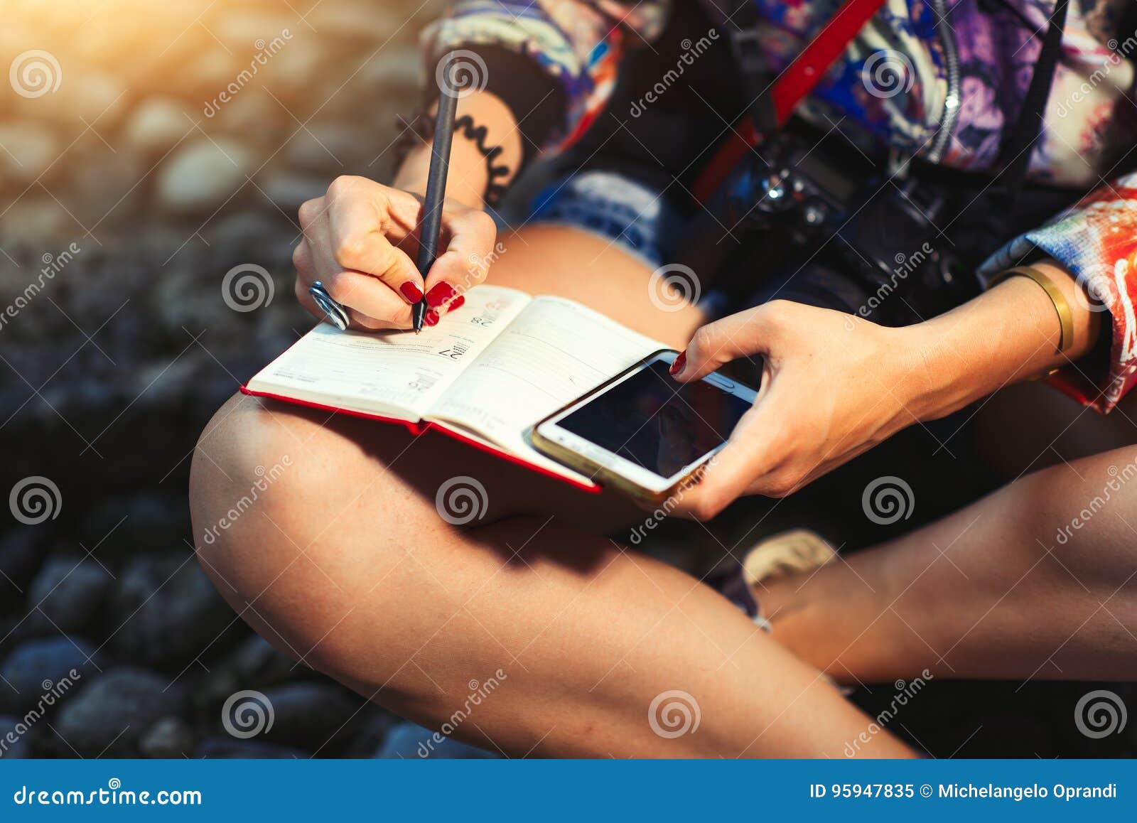 Woman Journalist Reporter with Camera Takes Notes on a Notebook Stock ...