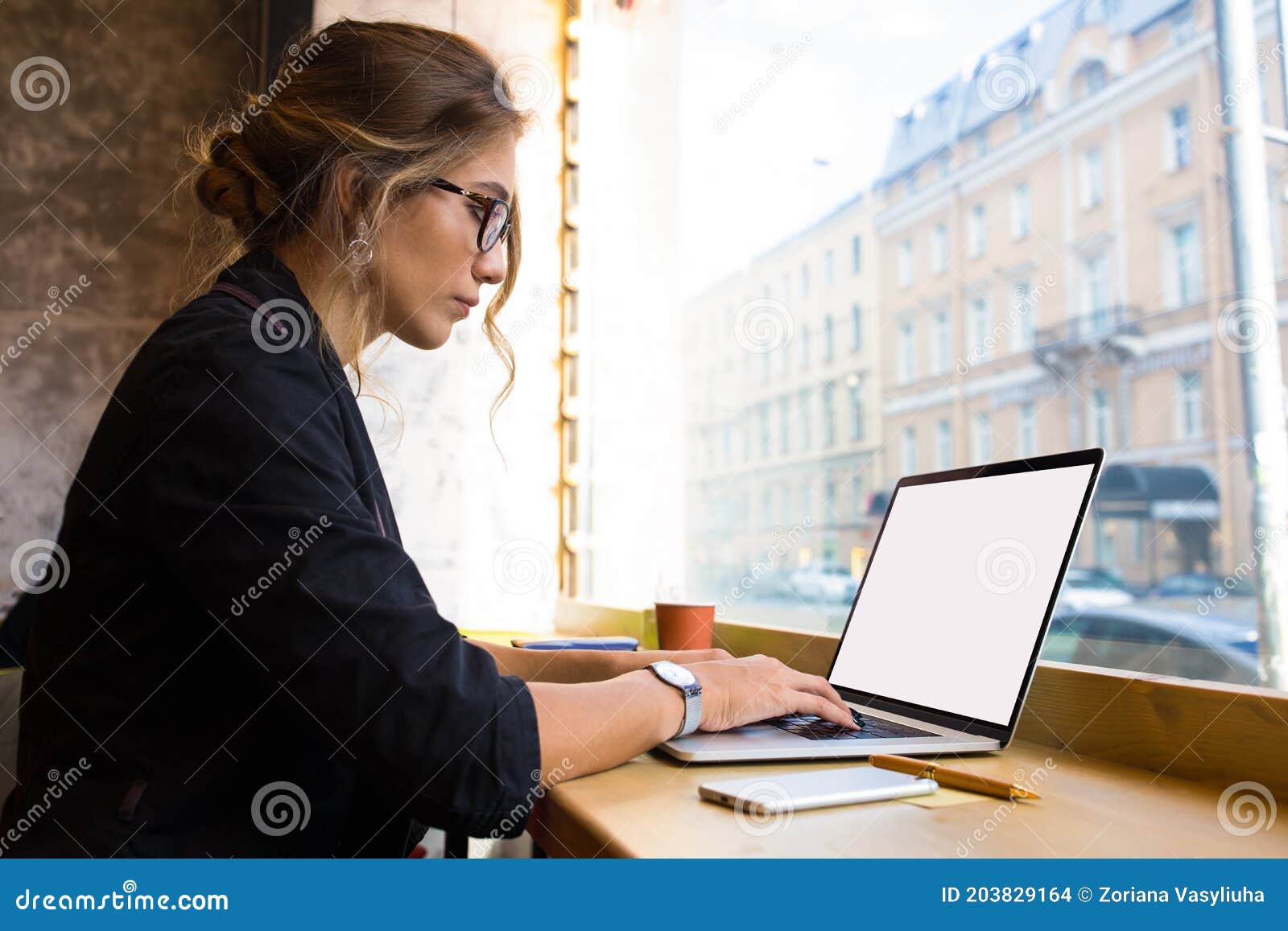 Woman Journalist Typing on Laptop Computer with Empty Mockup Copy Space ...