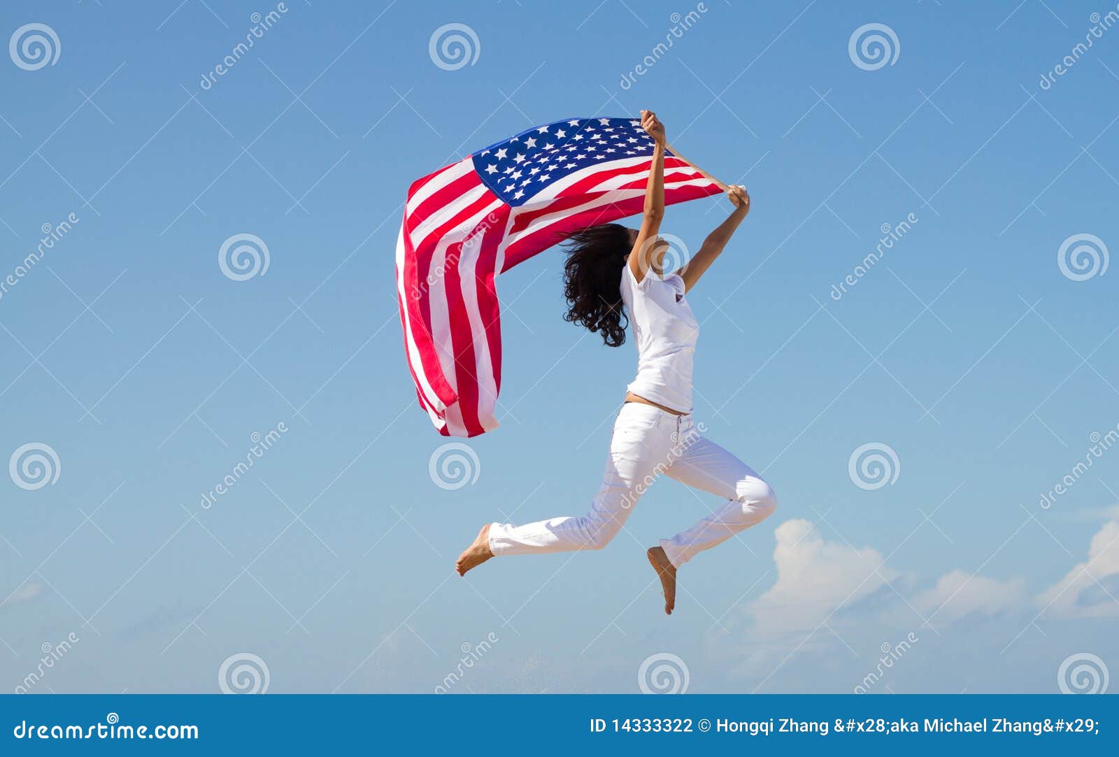 Woman Jumping with American Flag Stock Photo - Image of ocean ...