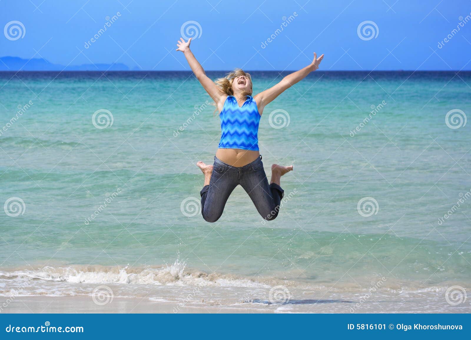 Woman jumping on the beach stock image. Image of leisure - 5816101